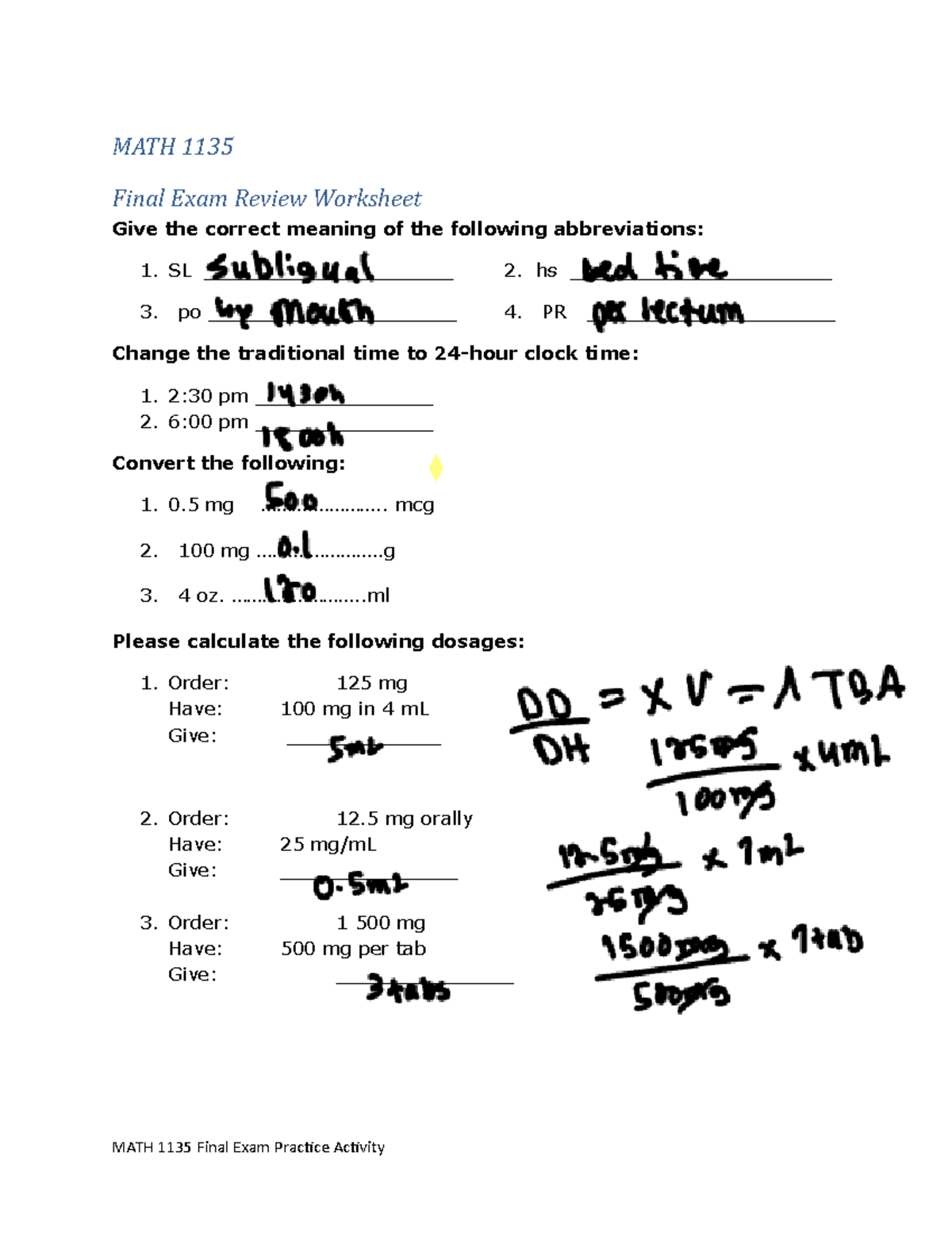 Math Pharm Final Review - MATH 1135 Final Exam Review Worksheet Give ...