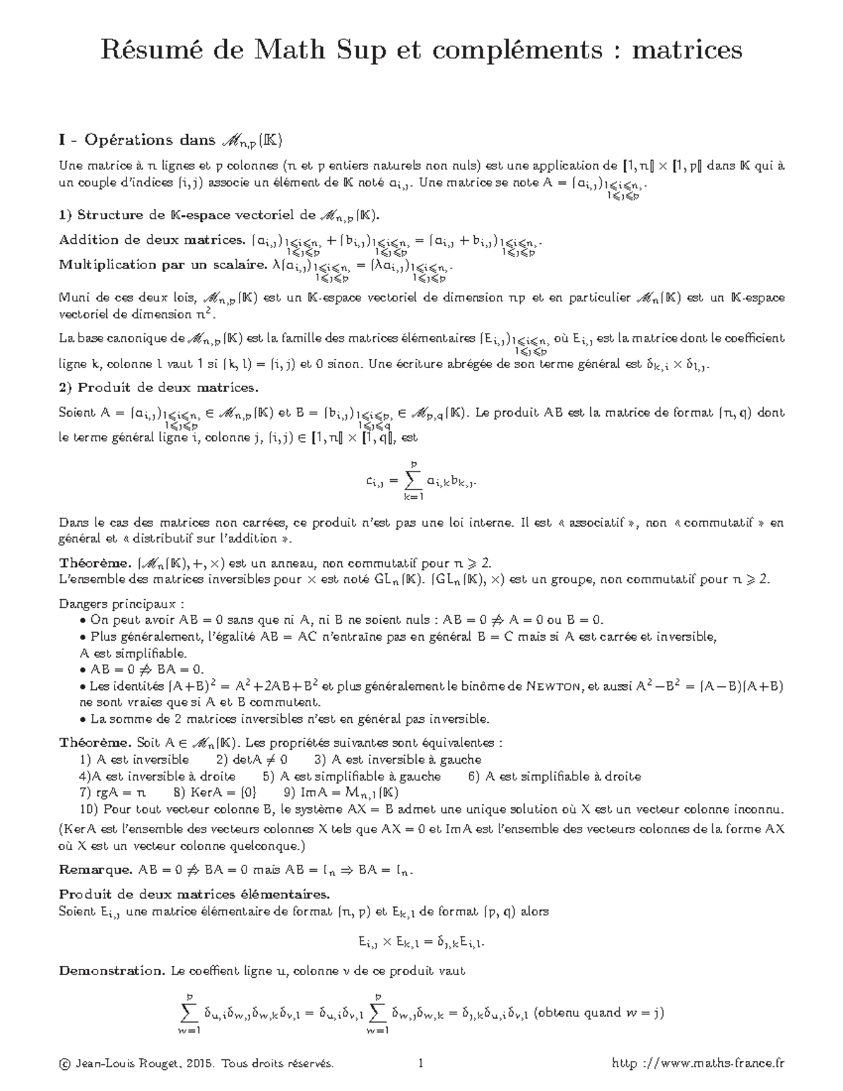 Matrices - Résumé de Math Sup et compléments : matrices I - Opérations ...