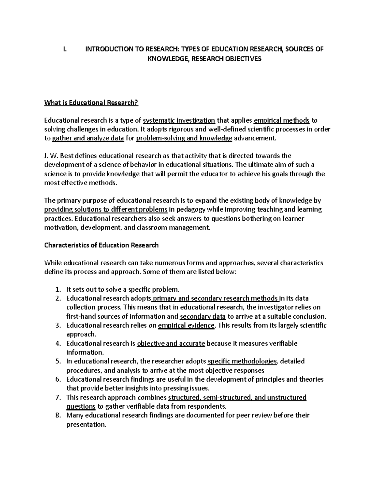 Introduction TO Research - I. INTRODUCTION TO RESEARCH: TYPES OF ...