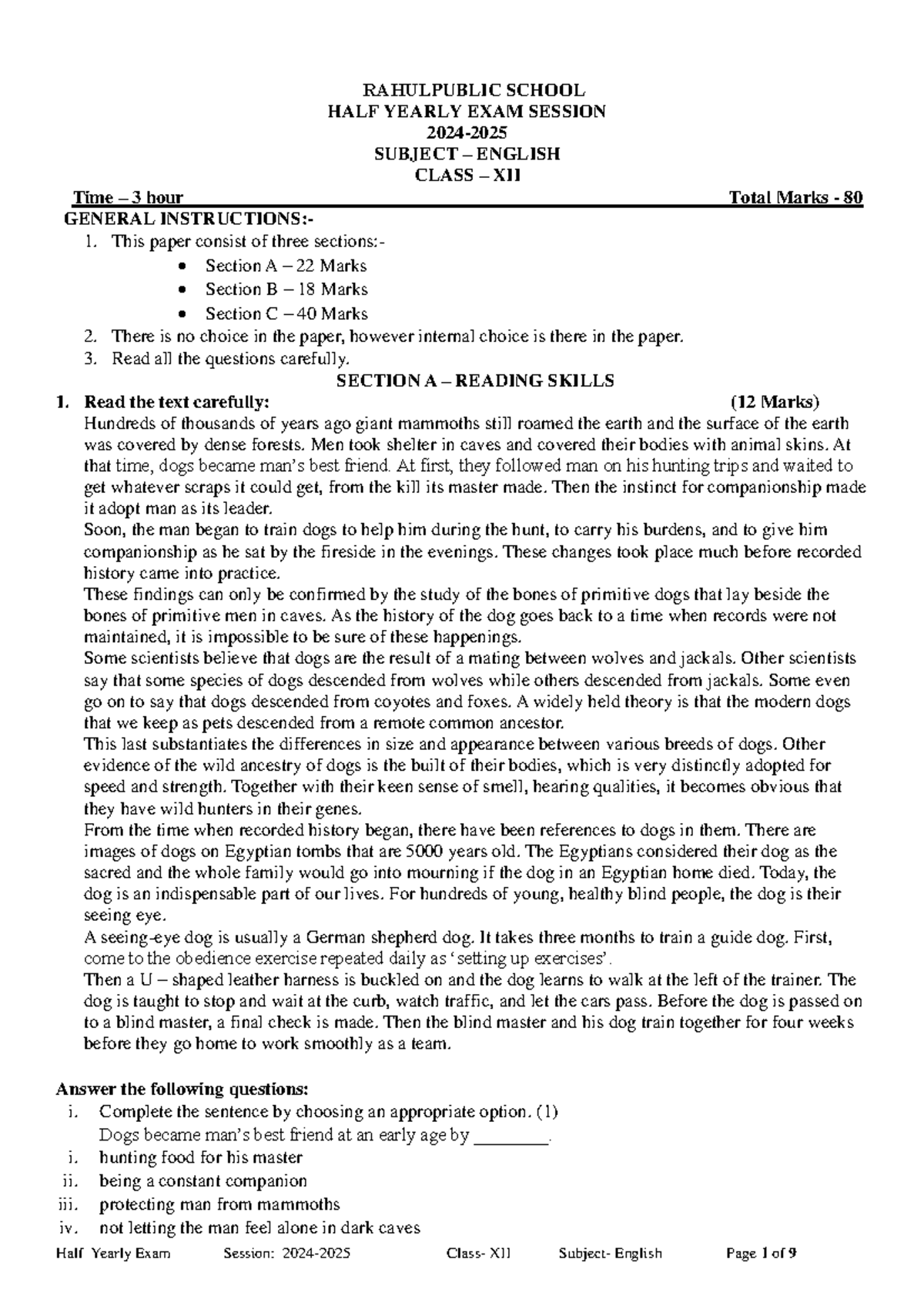 Class 12 English Exam - Very good paper - RAHULPUBLIC SCHOOL HALF ...