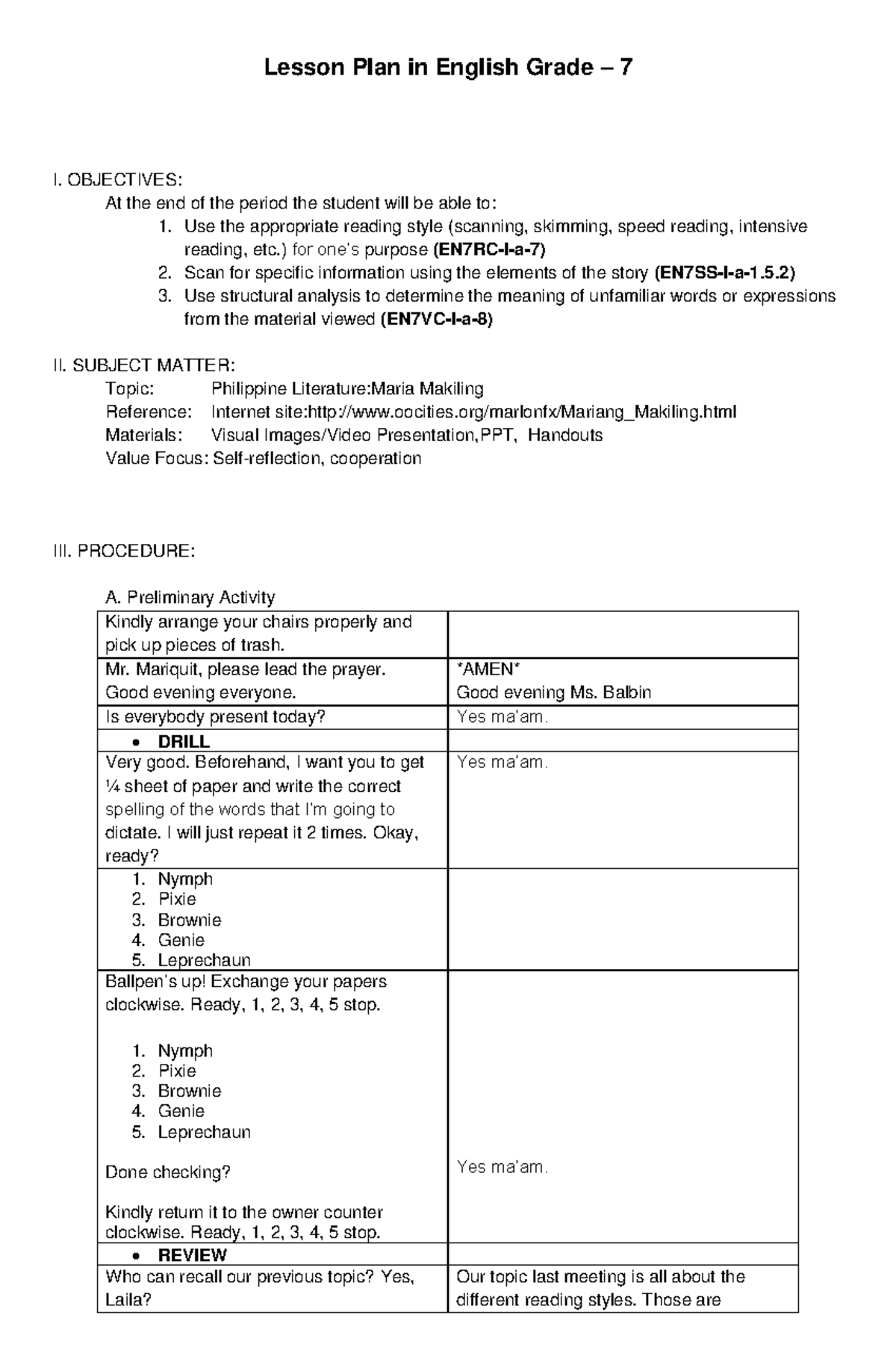 Doku - Summary MAED, English - Lesson Plan in English Grade – 7 I ...