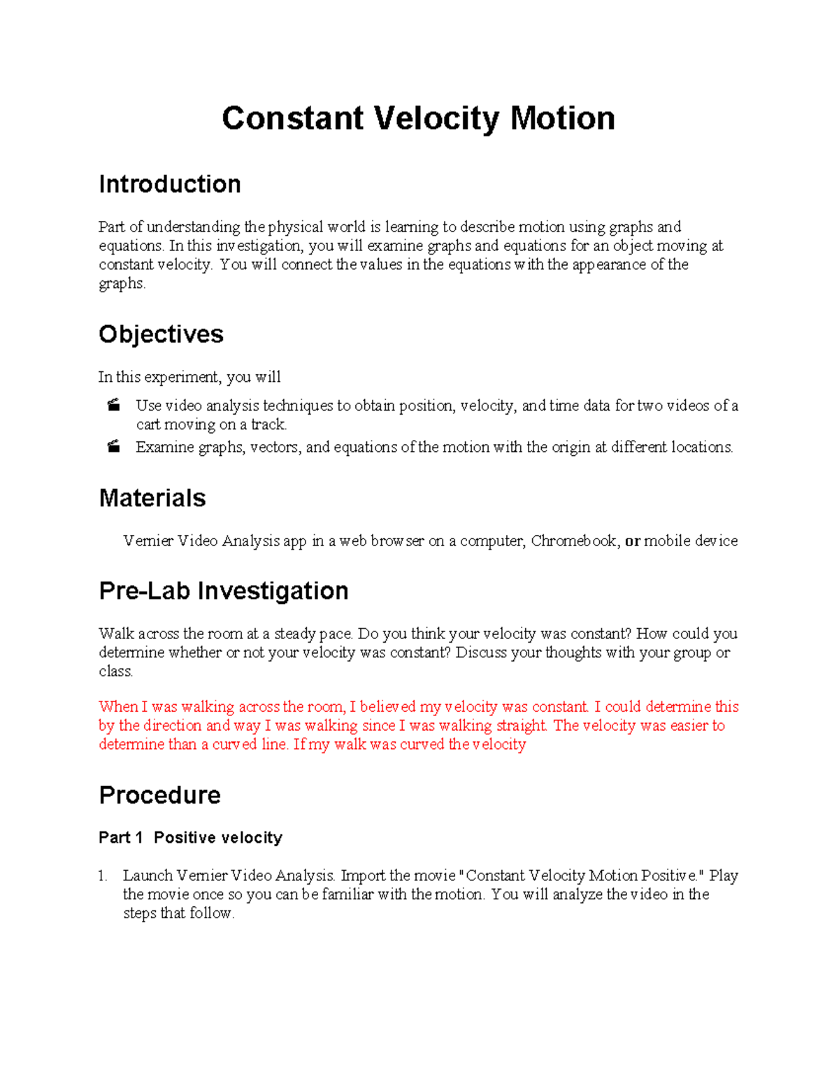 Lab 1 Analysis Raines, Nias - Constant Velocity Motion Introduction ...
