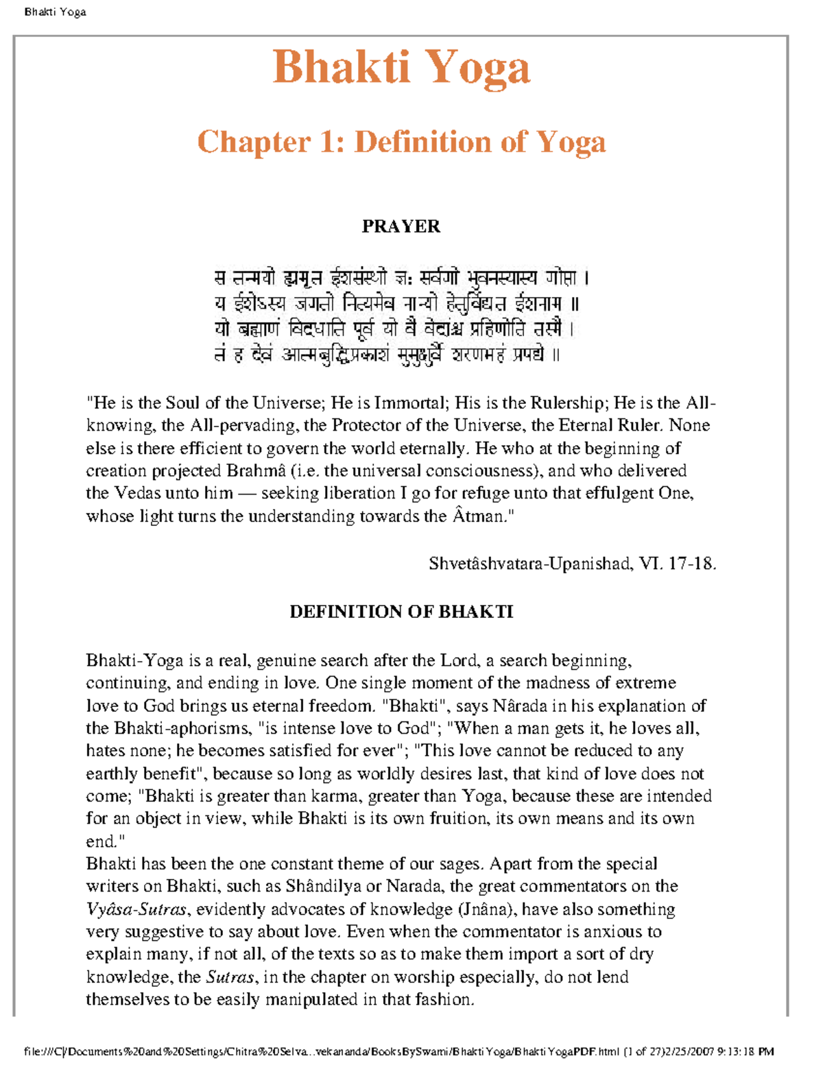 Bhakti yoga - Bhakti Yoga Chapter 1: Definition of Yoga PRAYER "He is ...