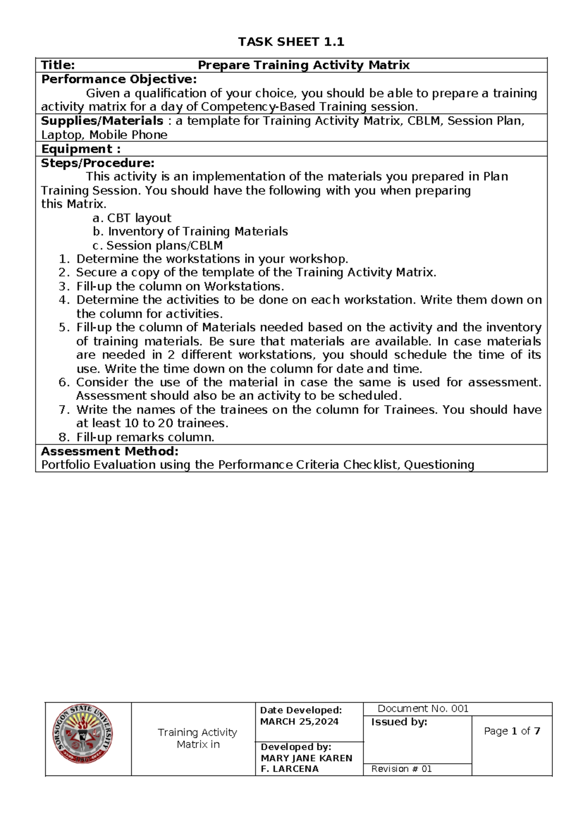 Task Sheet 1.1- Training Activity Matrix DAY Template - TASK SHEET 1 ...