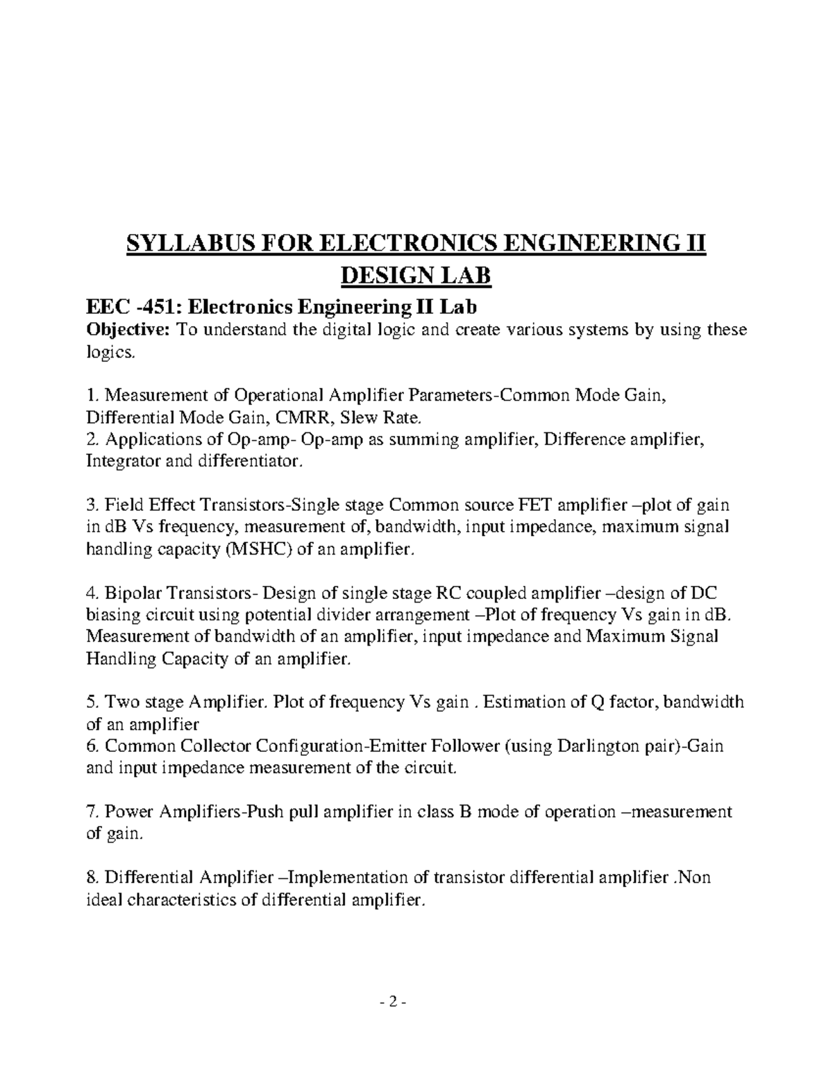 SYLLABUS FOR ELECTRONICS ENGINEERING II DESIGN LAB - SYLLABUS FOR ...