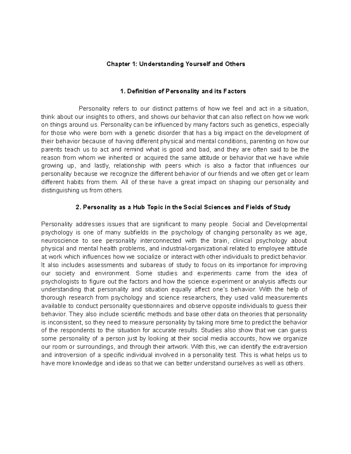 Chapter 1: Understanding Yourself and Others - Personality can be ...