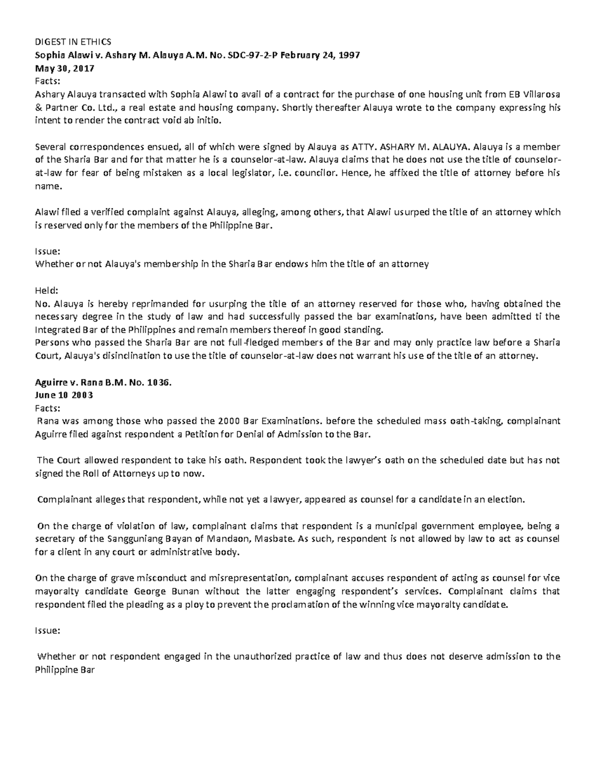 Digested Cases - Sophia Alawi v. Ashary M. Alauya A. No. SDC-97-2-P ...