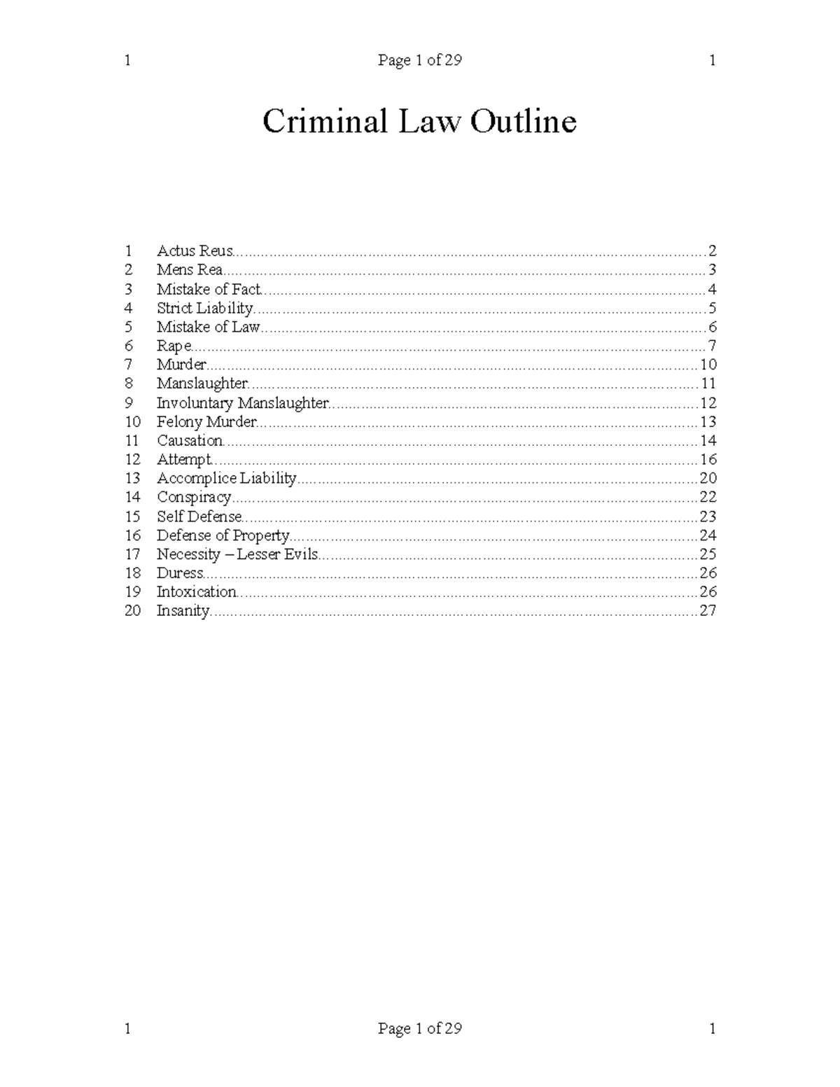 Criminal Law Outline - 4 - Criminal Law Outline 1 Actus - Studocu