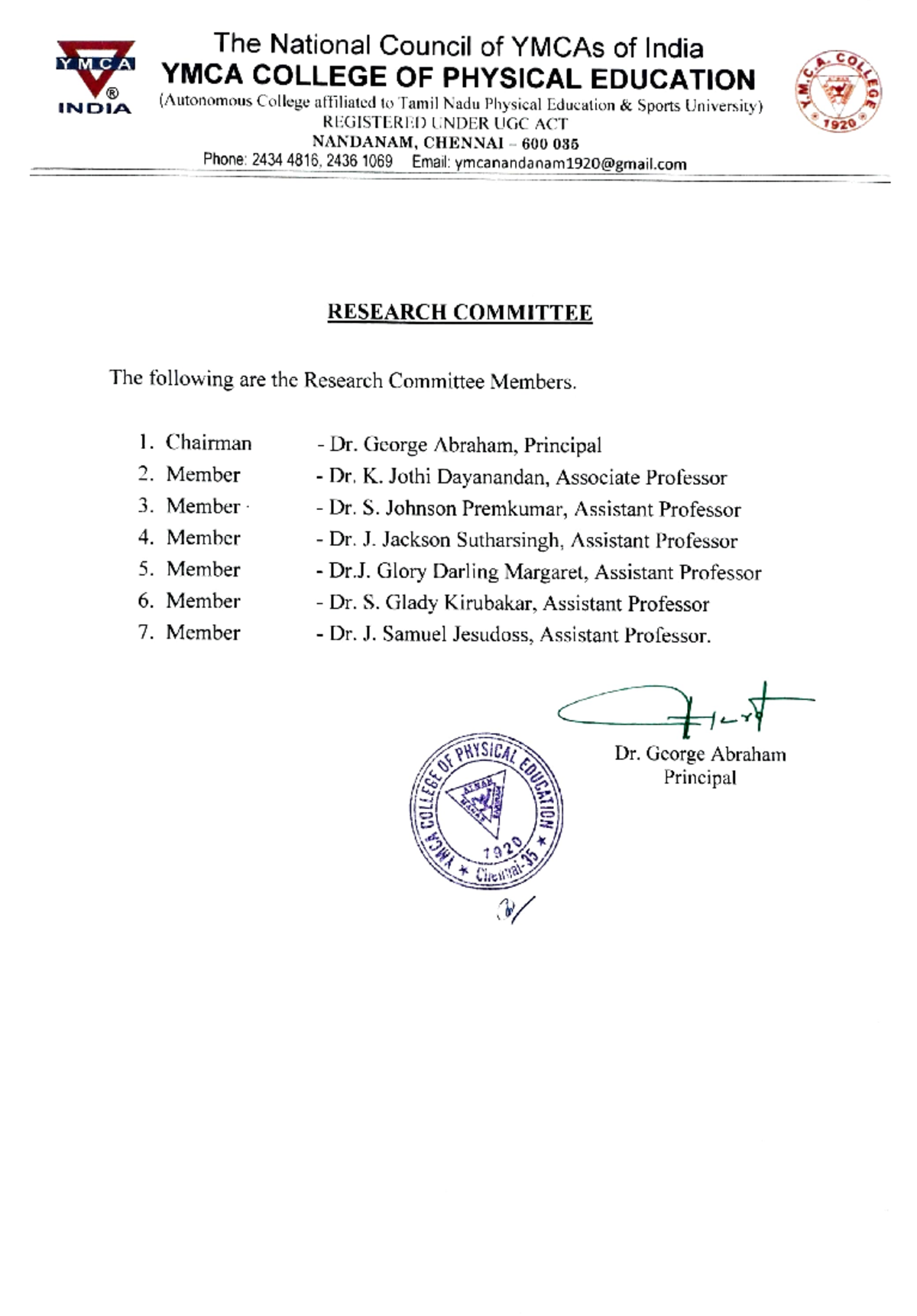 Research Committee - 1. Chairman - Dr. George Abraham, Principal 2 ...