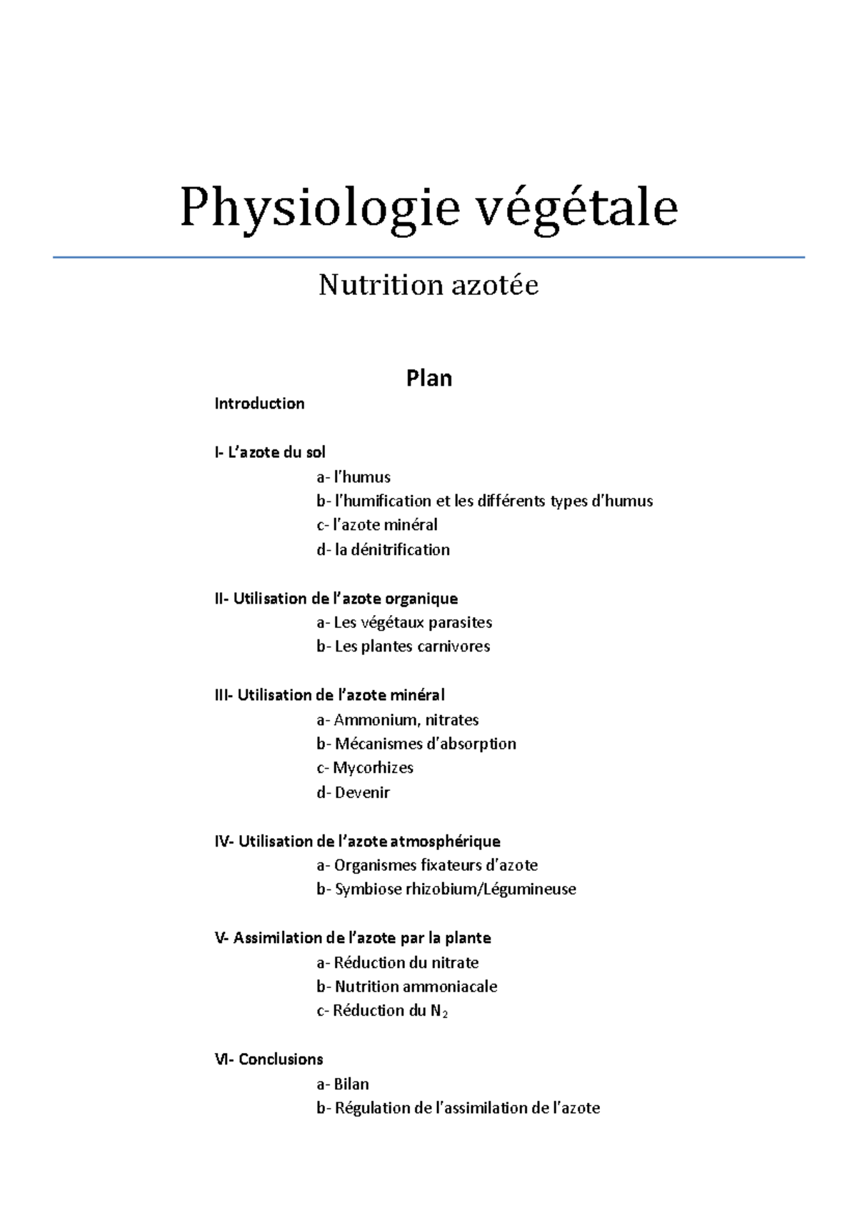 Poly nutrition azotée - Physiologie végétale Nutrition azotée Plan ...