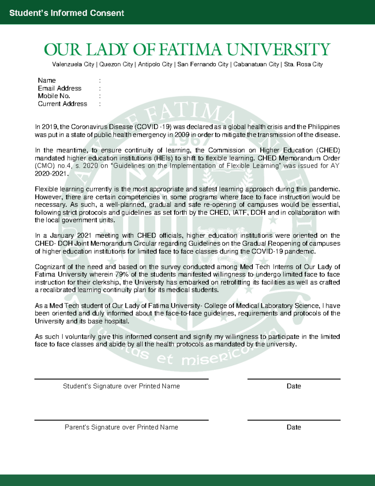 Student Informed Consent FOR F2F Class - Student’s Informed Consent Name : Email Address ...