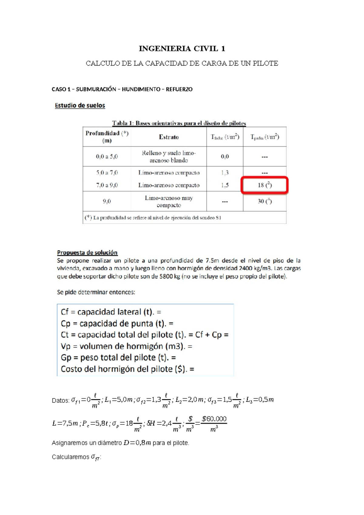 Calculo DE LA Capacidad DE Carga DE UN Pilote - INGENIERIA CIVIL 1 CALCULO DE LA CAPACIDAD DE ...