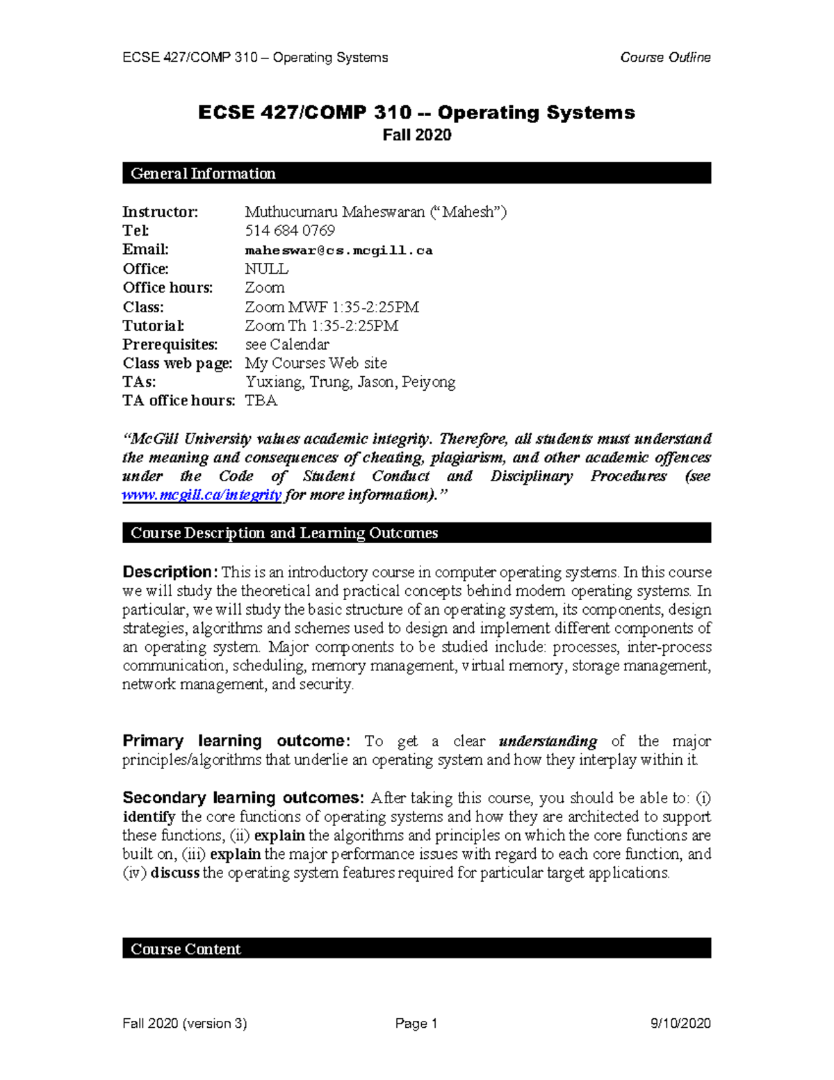 OS outline - Copy - These are lecture notes - ECSE 427/COMP 310 ...