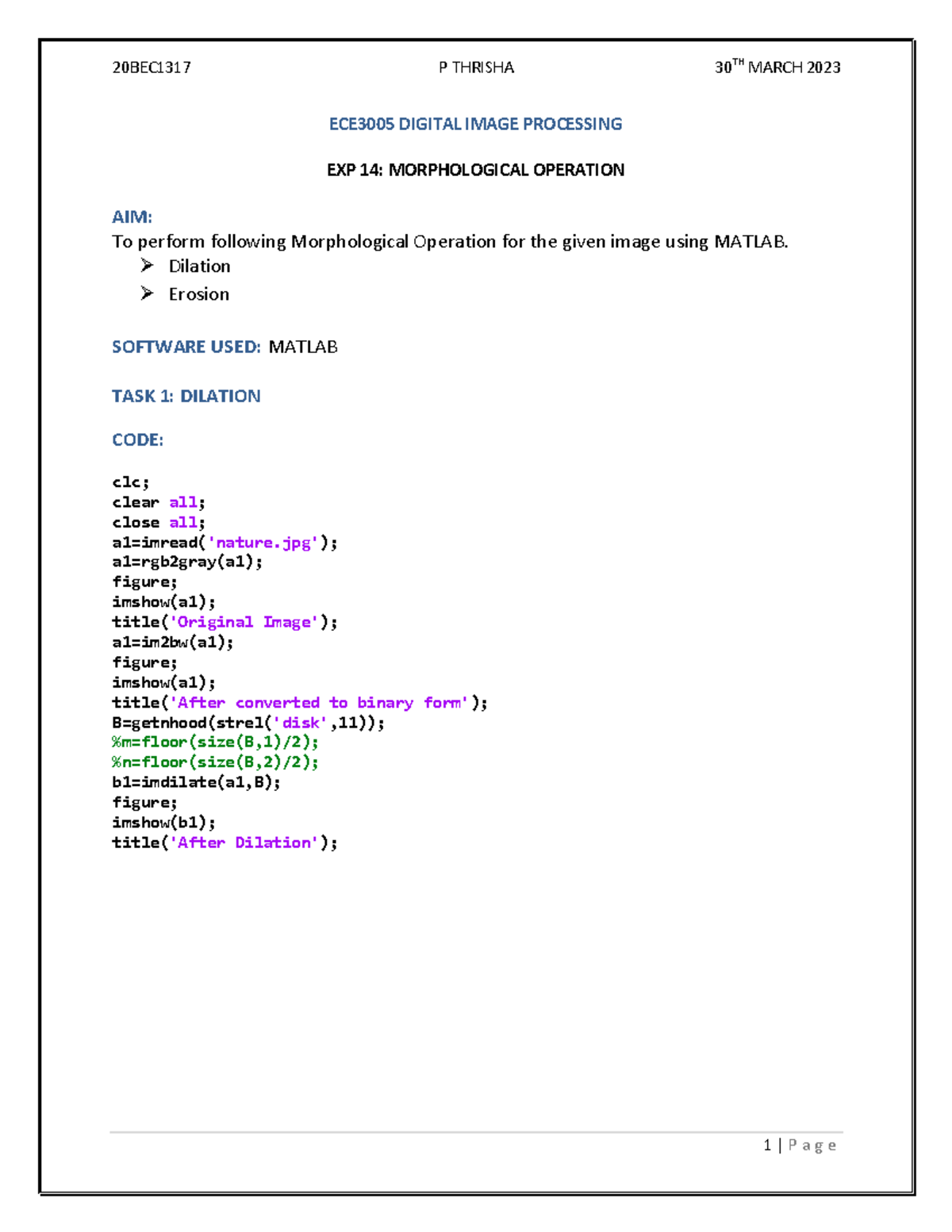 20BEC1317 DIP EXP 14 - exp 14 of DIP - ECE3005 DIGITAL IMAGE PROCESSING EXP 14 : MORPHOLOGICAL ...