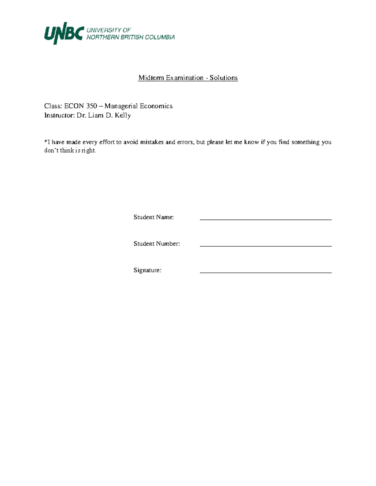 ECON 350 - Midterm Exam - F23 - Solutions - Midterm Examination ...