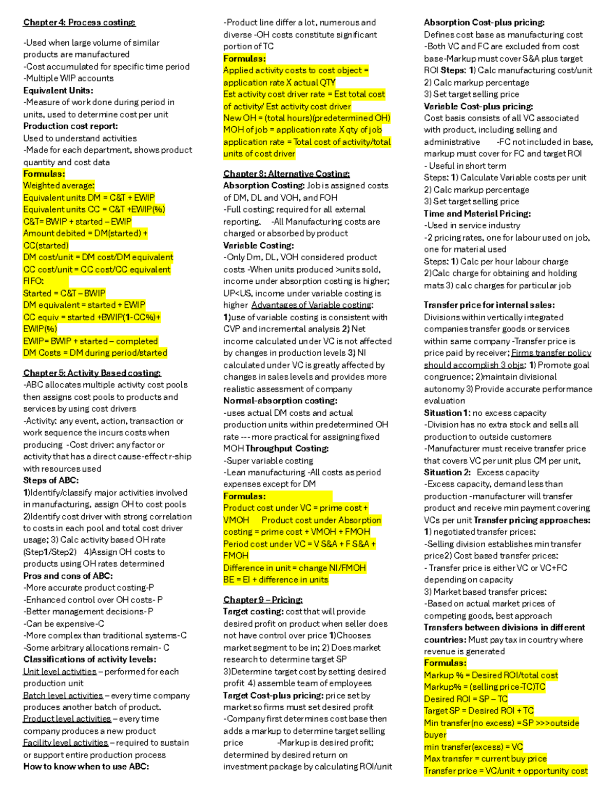 Final exam 2AB3 crib sheet - Chapter 4: Process costing: Used when ...