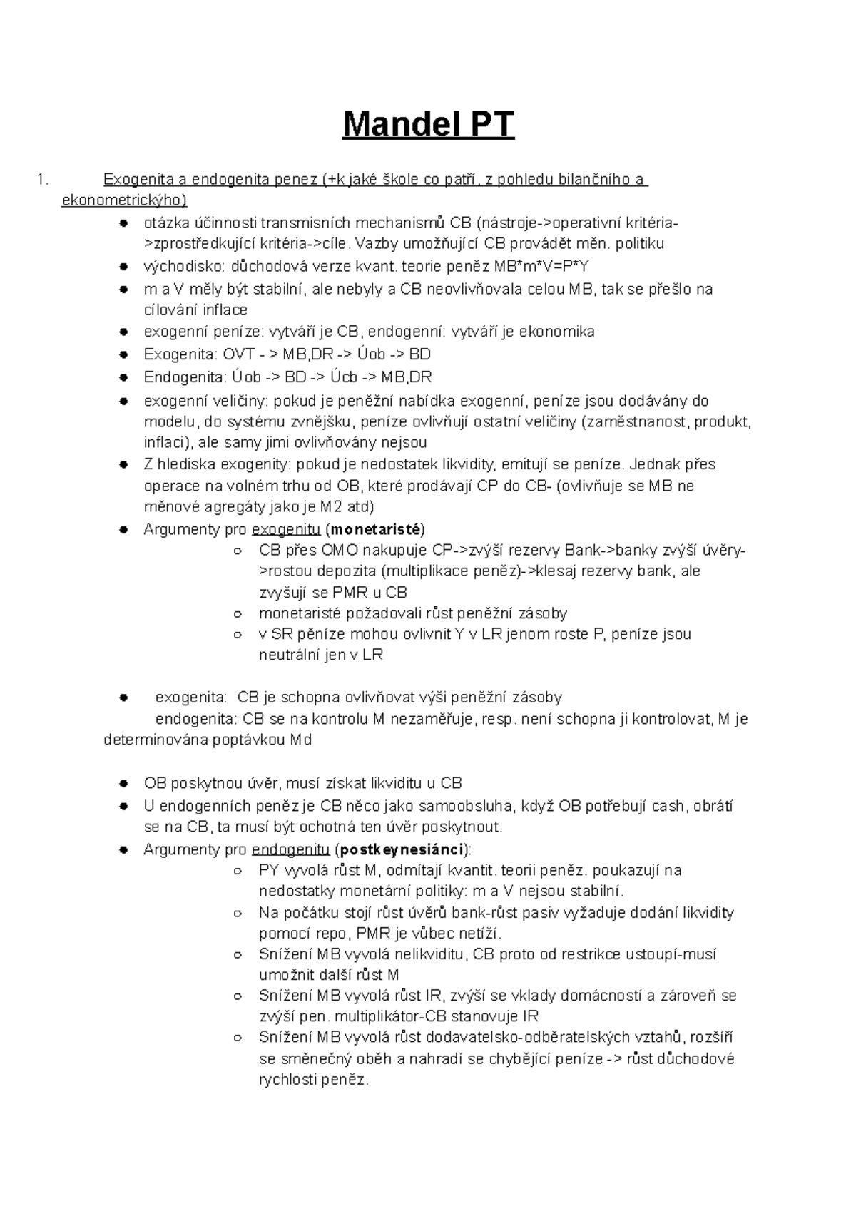 Prubezny test 2018 - Summary Finance stability - Mandel PT 1. Exogenita ...