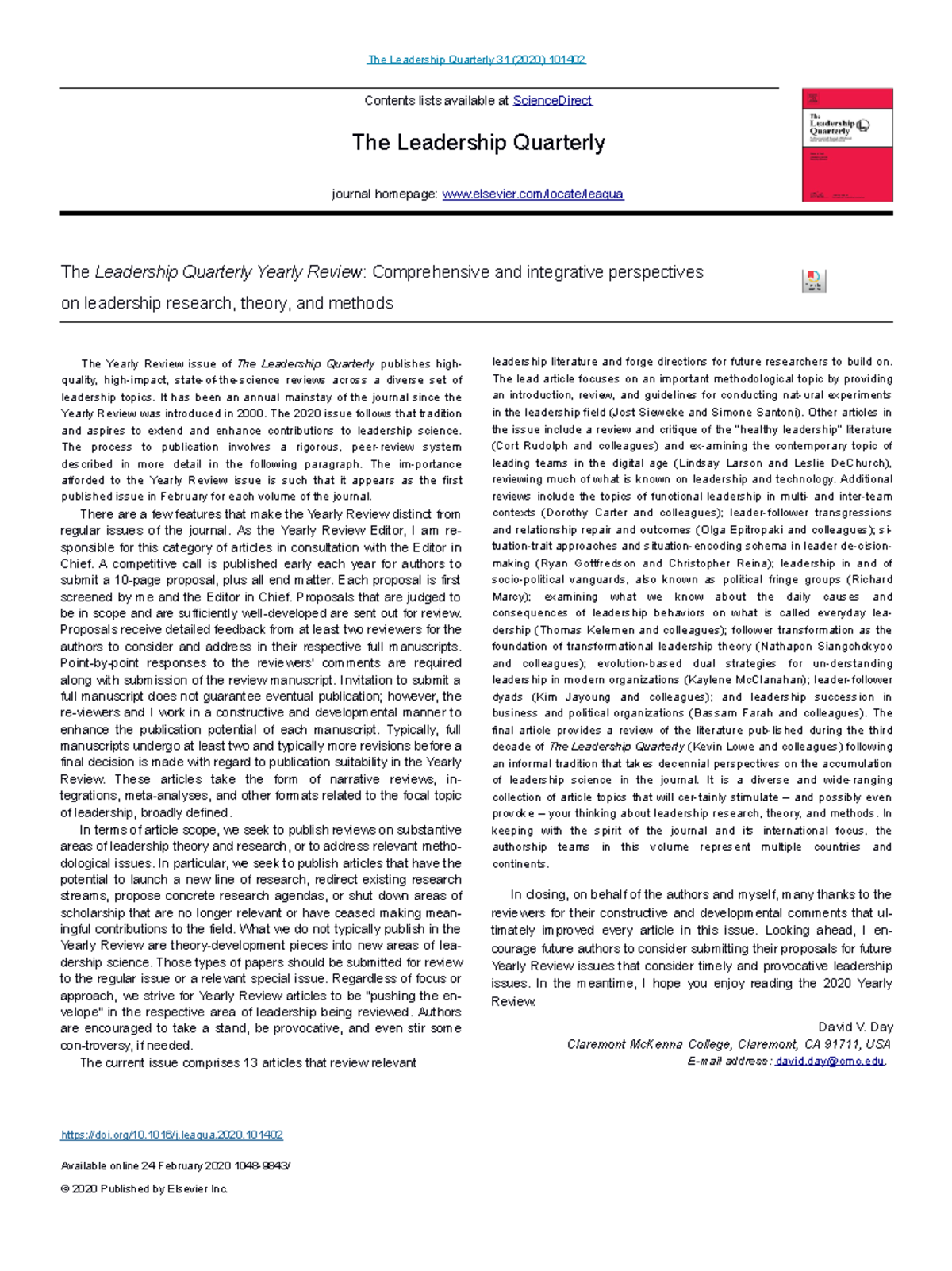 DAY DV~2 - Paper for assignment - The Leadership Quarterly 31 (2020 ...