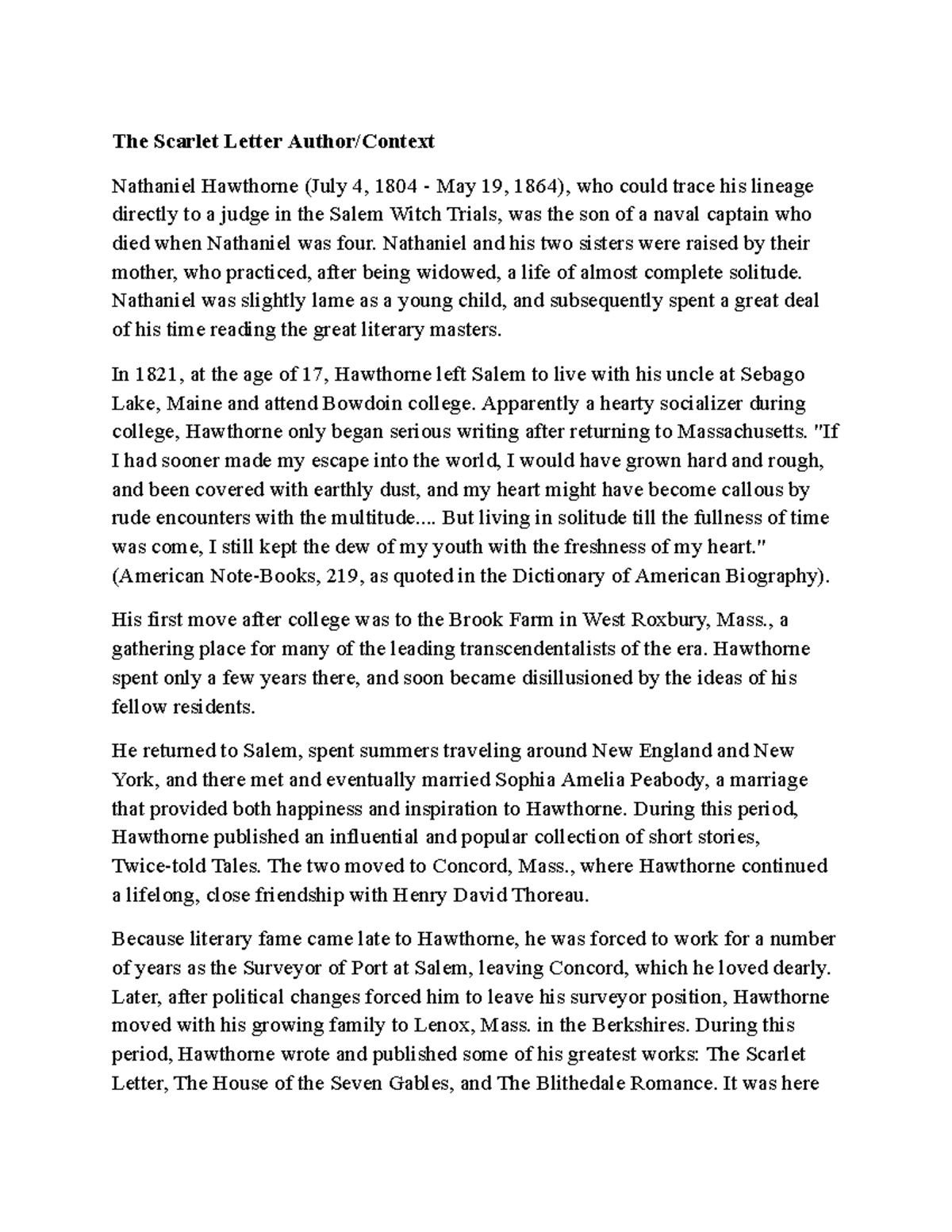 The Scarlet Letter Notes - The Scarlet Letter Author/Context Nathaniel ...