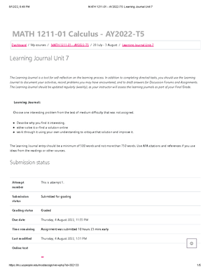 MATH 1211-01 - AY2022-T4 Learning Journal Unit 7 - MATH 1211-01 Calculus - AY2022-T Learning ...