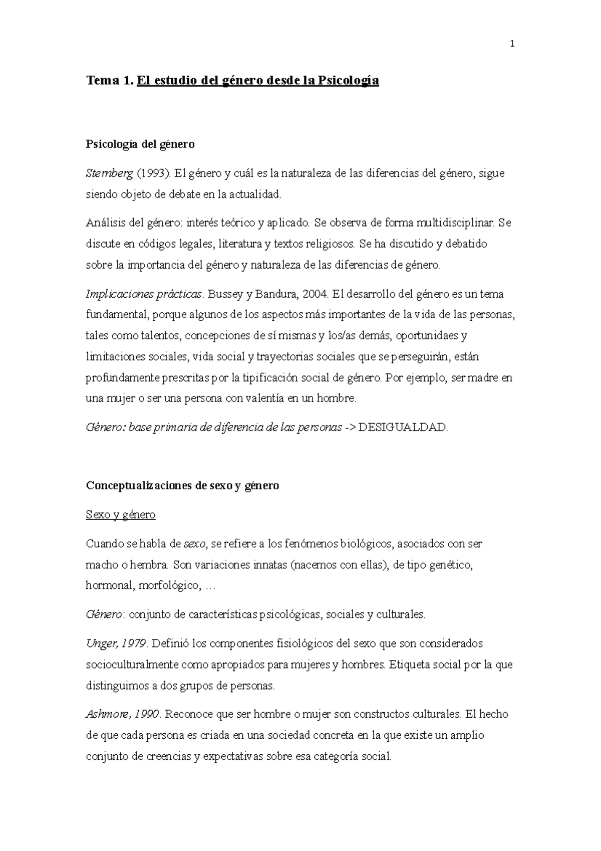 Tema 1 - El estudio del género desde la psicología - 1 Tema 1. El ...