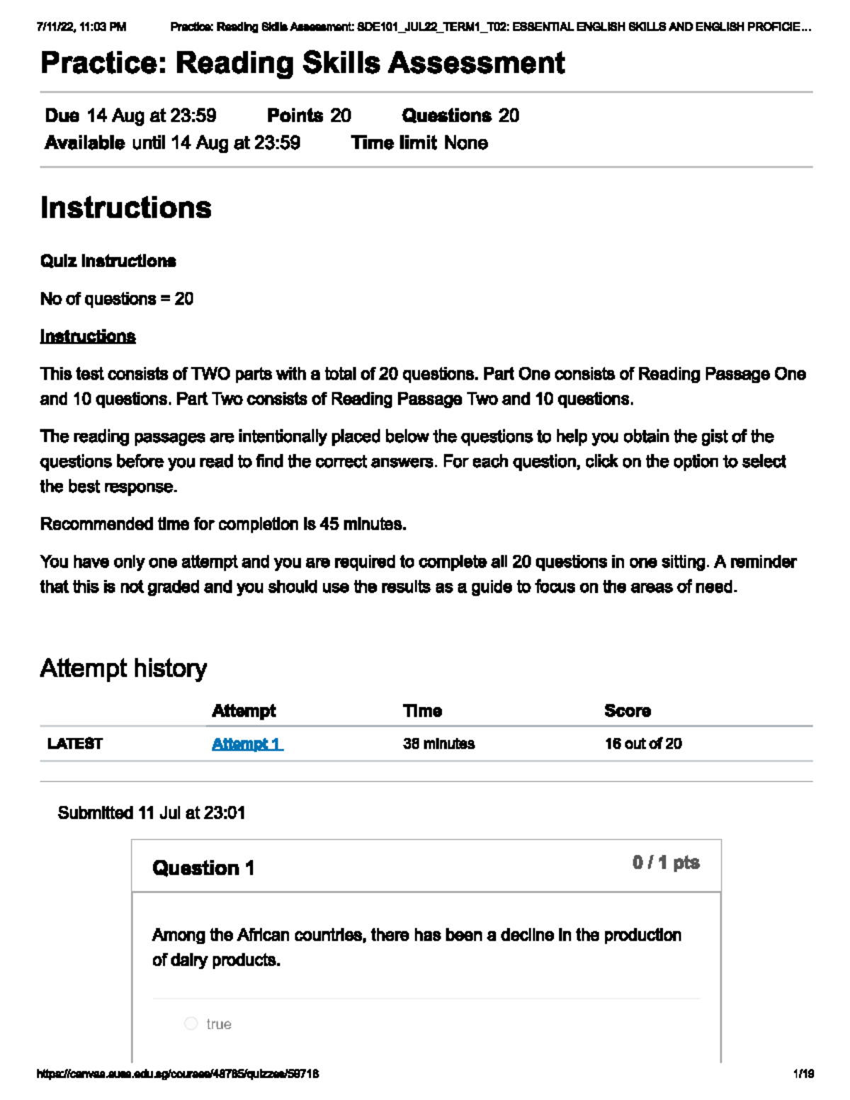 Practice Reading Skills Assessment quiz answer - NM1101E - Studocu