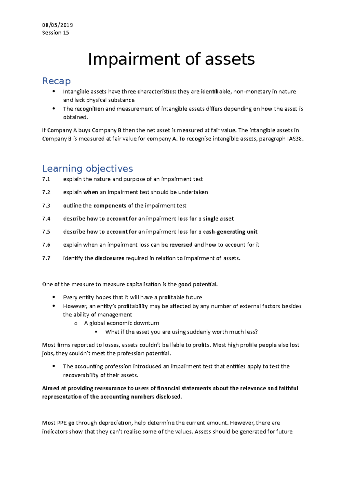 Session 15 Impairment of assets - Session 15 Impairment of assets Recap ...