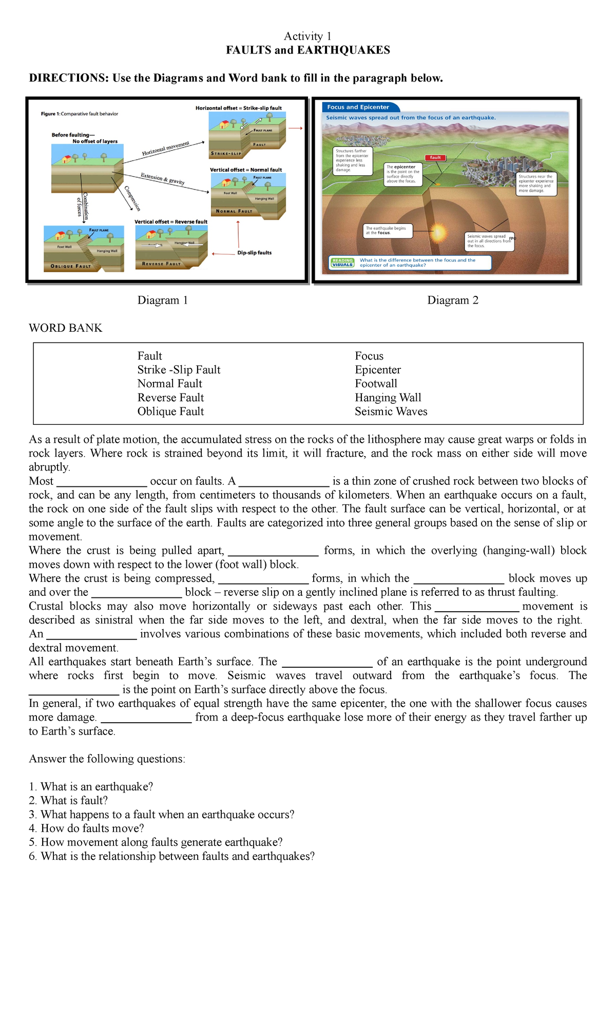 Activity 1 -faults and earthquakes - FAULTS and EARTHQUAKES DIRECTIONS ...