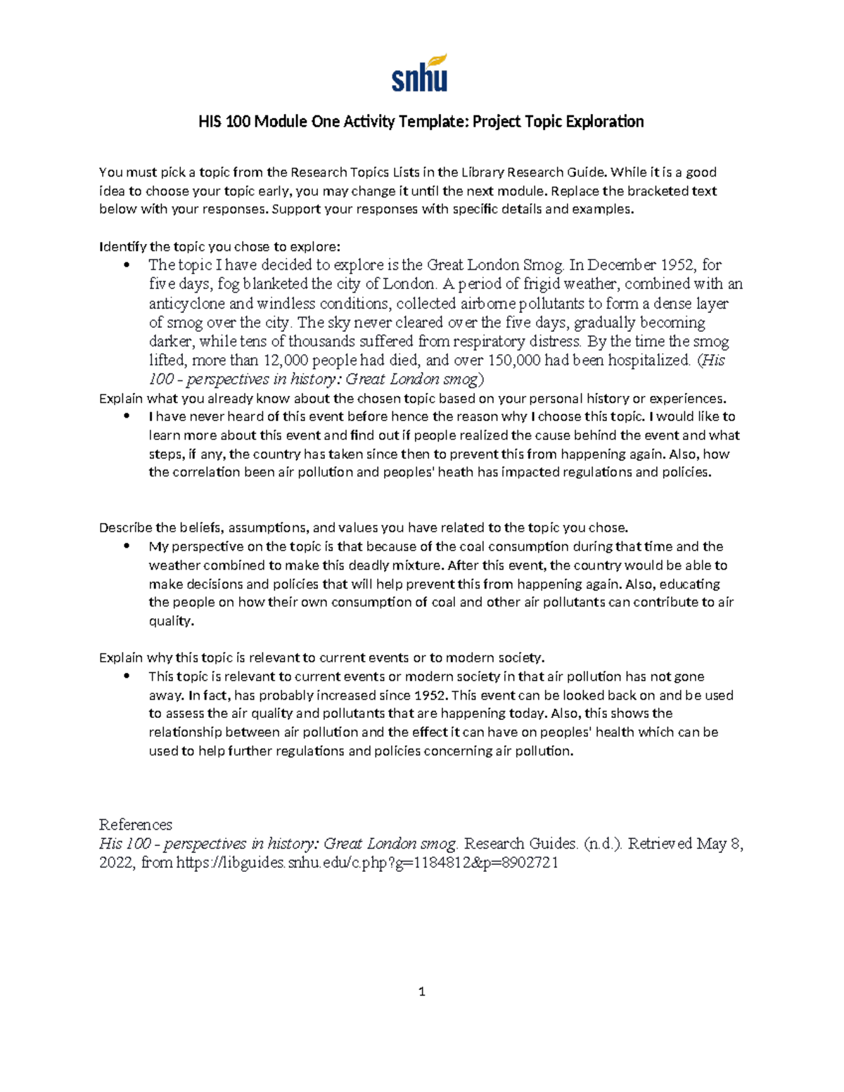 HIS 100 Module One Activity - While it is a good idea to choose your ...