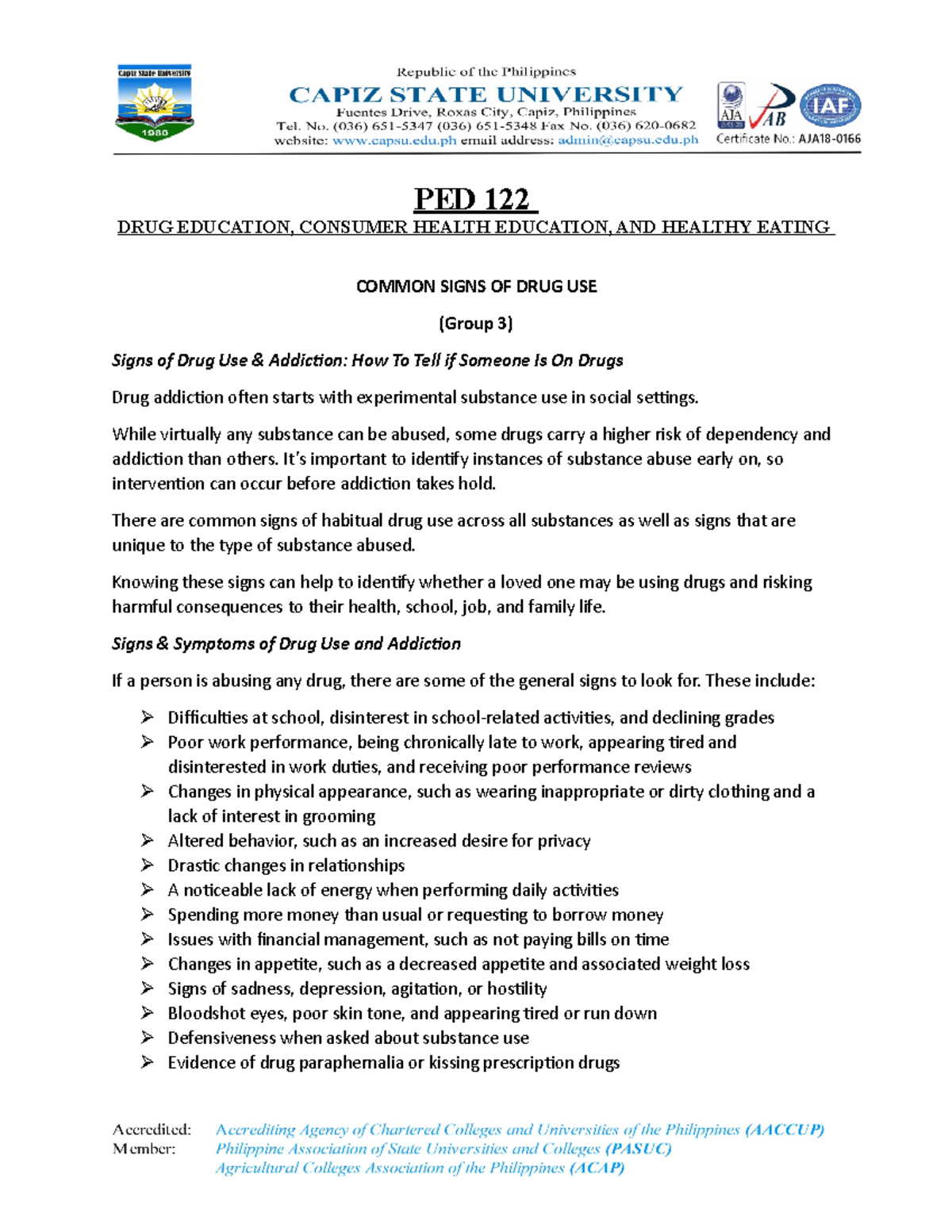 PED 122 - Common Signs OF DRUG USE ( Group 3) - PED 122 DRUG EDUCATION ...