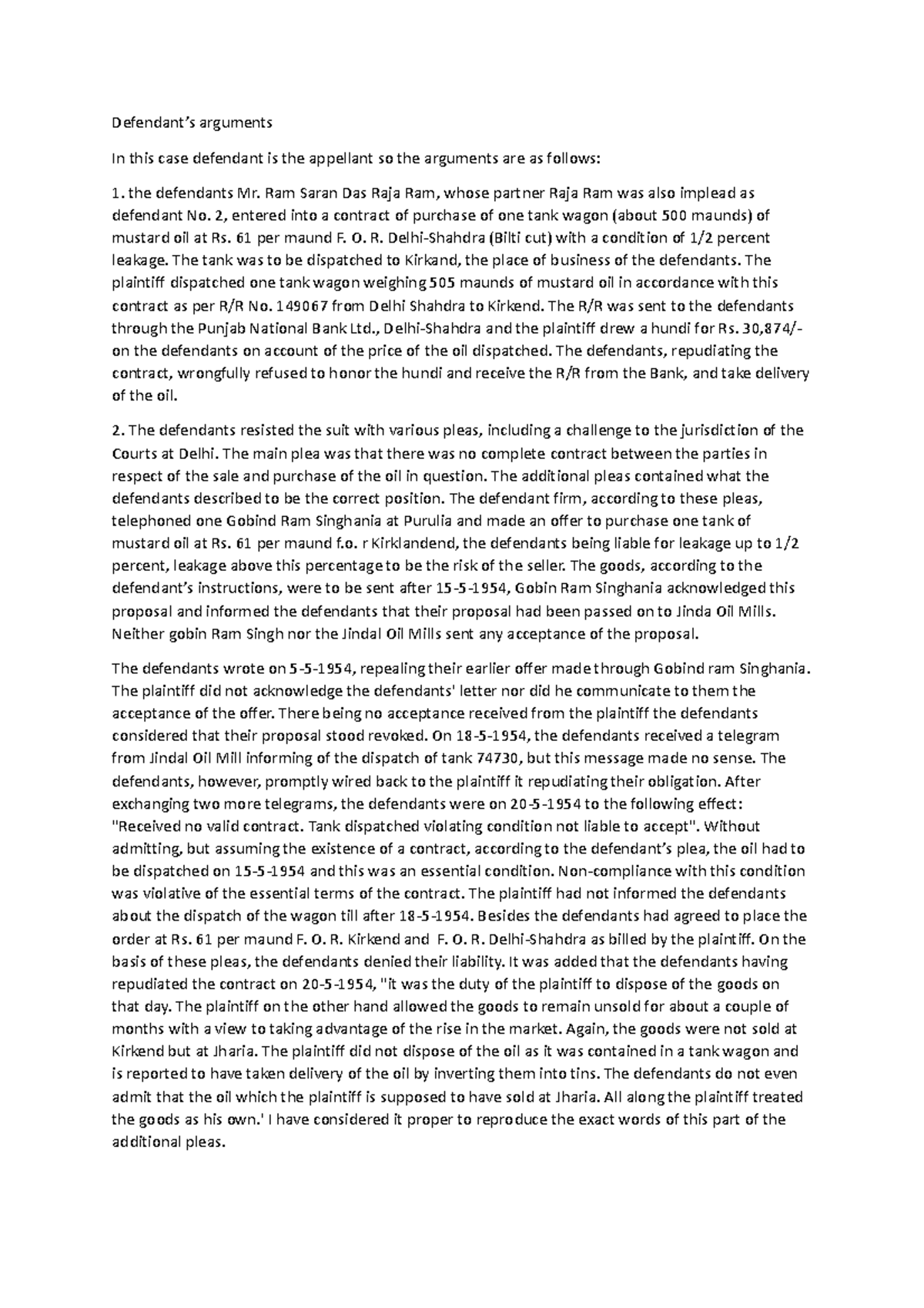 CASE LAW Defendants Arguments - Defendant’s arguments In this case ...