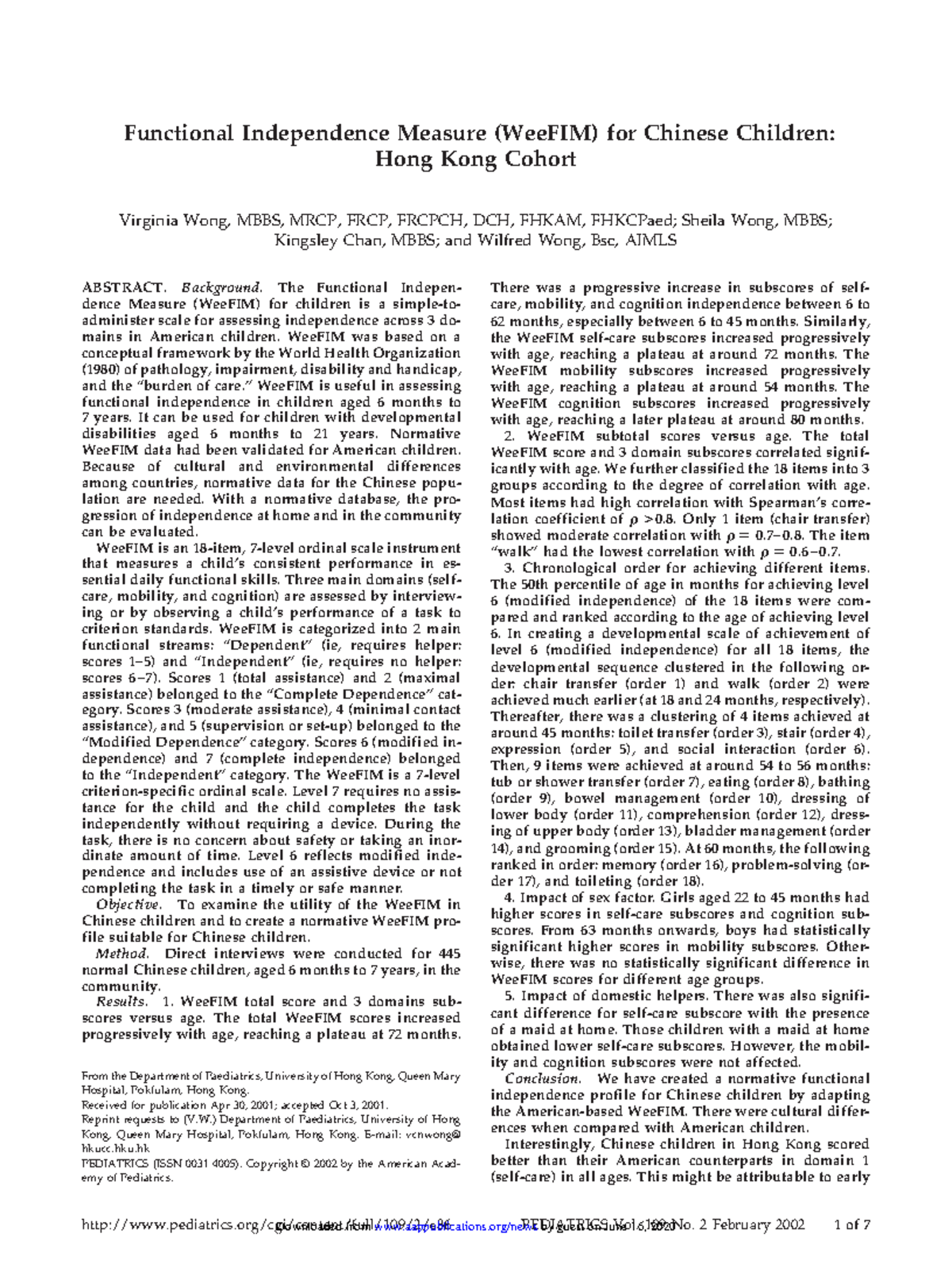 Functional Independence Measure Wee FIM f - Functional Independence ...