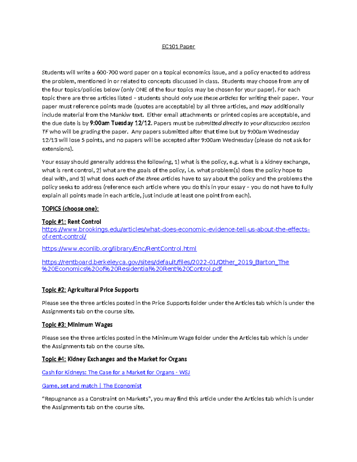 EC101 Paper - EC101 Paper Students will write a 600-700 word paper on a ...