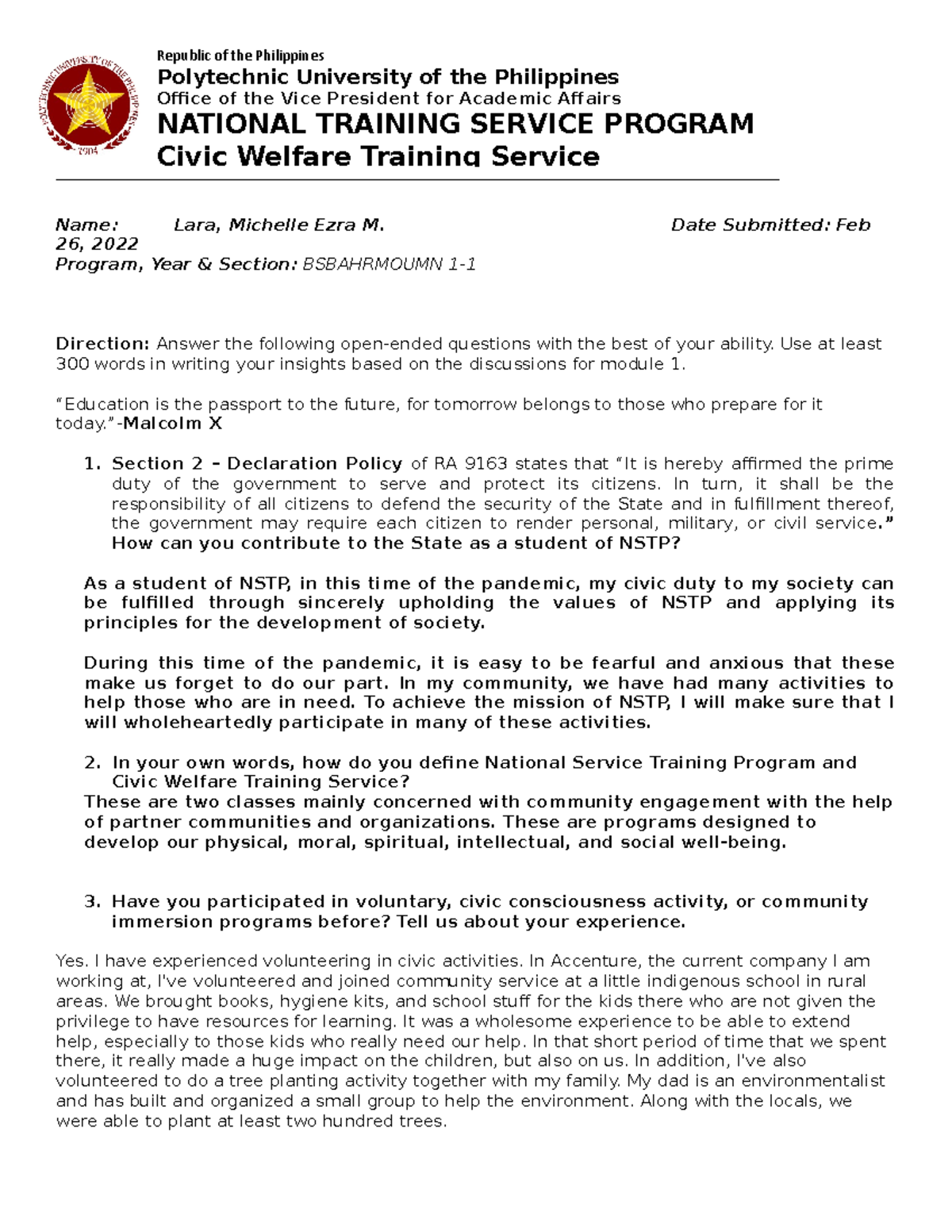 Module 1 Activity - CWTS 10013 - Lara, Michelle Ezra M - - Studocu