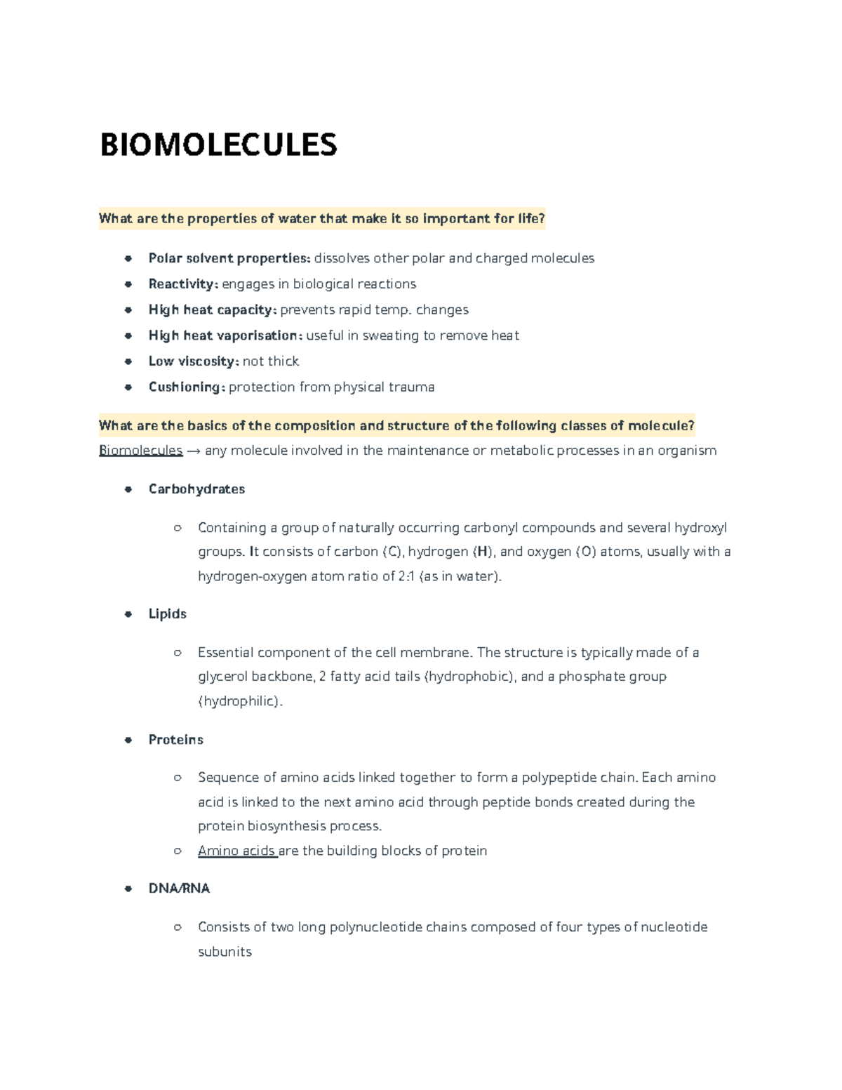 05 - Notes - BIOMOLECULES What are the properties of water that make it ...