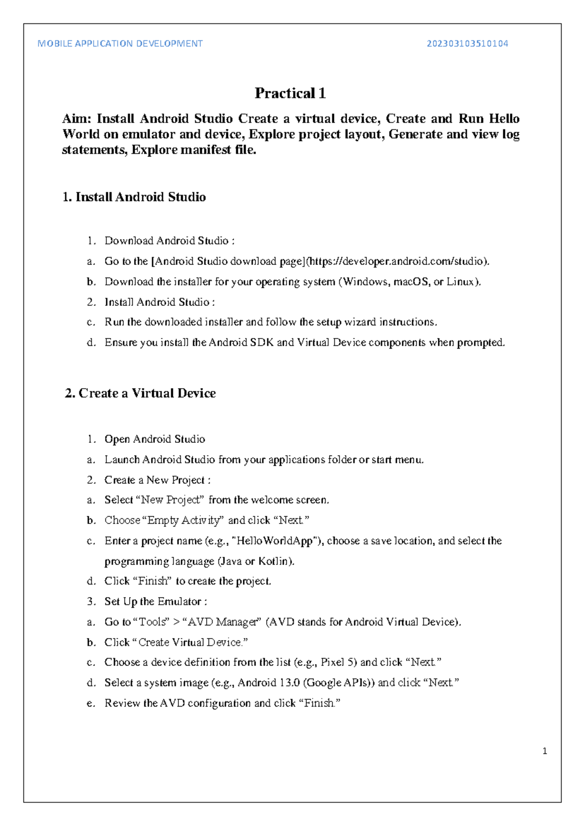 Chandan MAD(1-10)-merged - Practical 1 Aim: Install Android Studio Create a virtual device ...