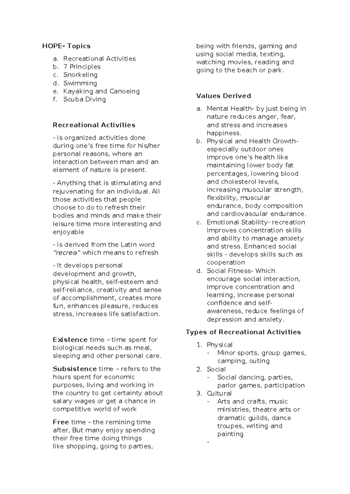 HOPE - HOPE- Topics a. Recreational Activities b. 7 Principles c ...