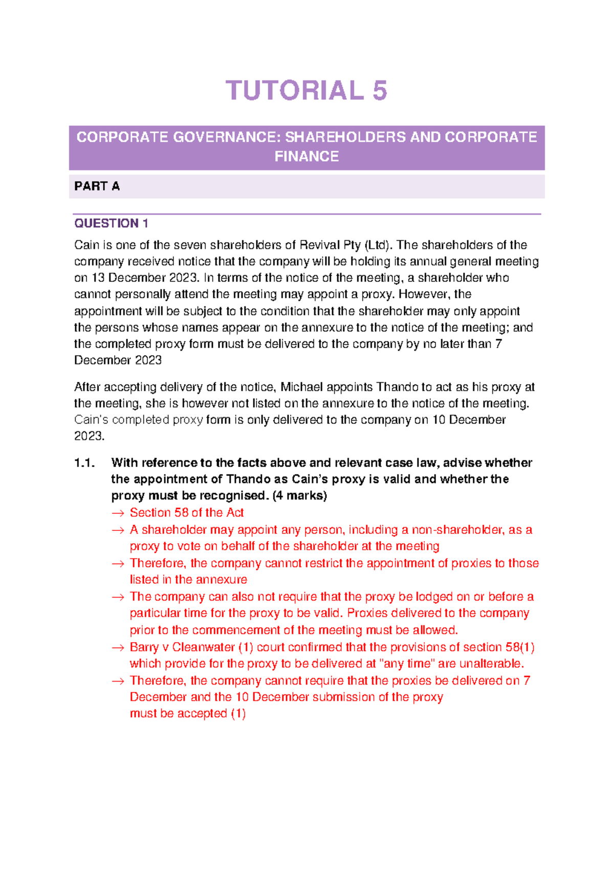 ODR- Tut 5 - ODR TutoriL - TUTORIAL 5 CORPORATE GOVERNANCE: SHAREHOLDERS AND CORPORATE FINANCE ...