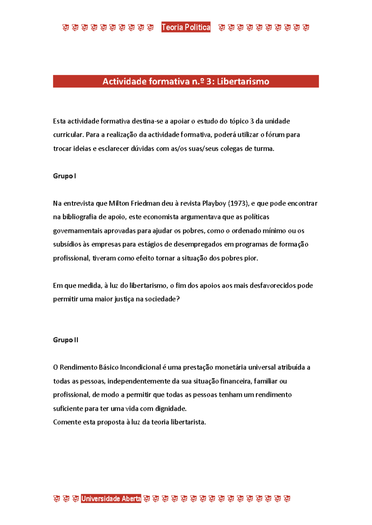 Actividade formativa 3 2024 - Teoria Política Actividade - Studocu