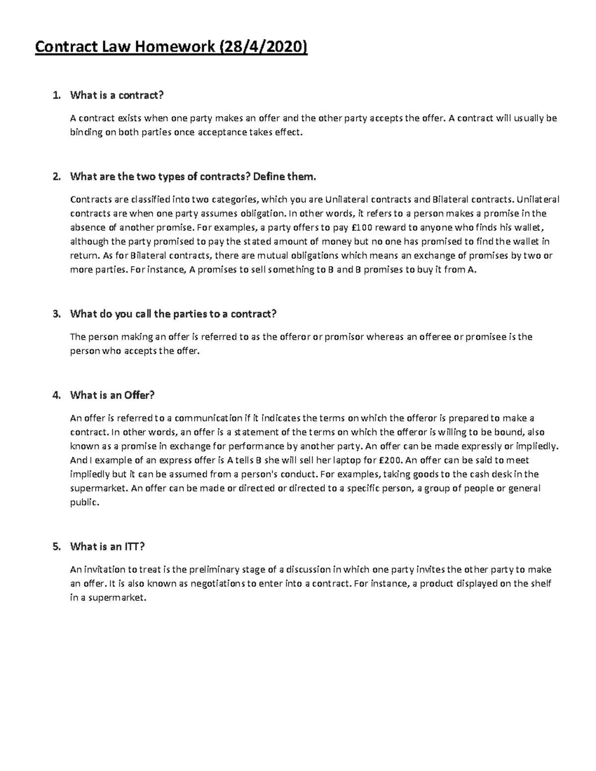 Self-Test Qs - Week 1 - Contract Law Homework (28/4/2020) 1. What is a ...