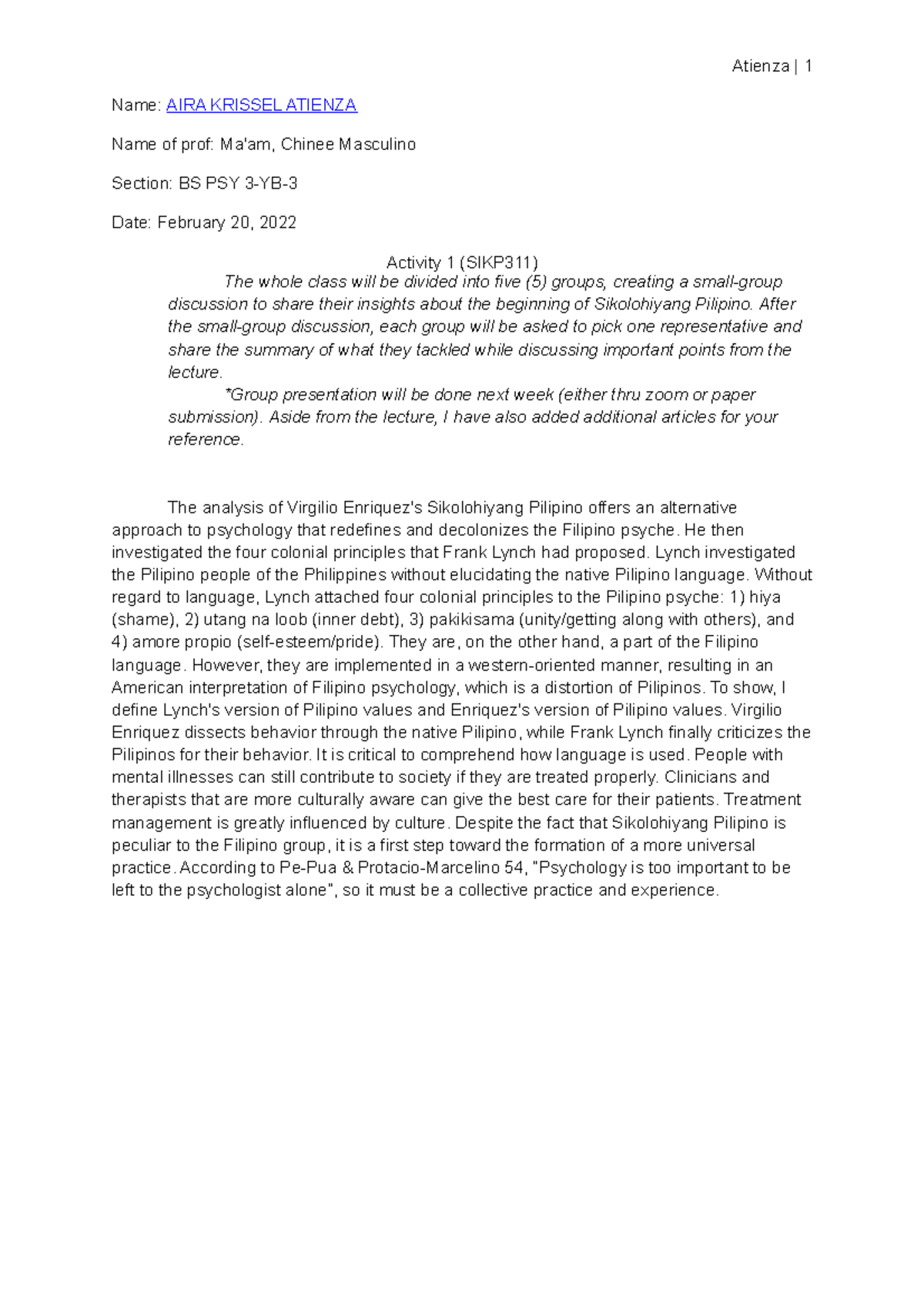Assignment-1-SIKOLOHIYANG PILIPINO 311-ATIENZA, AIRA KRISSEL - Atienza ...