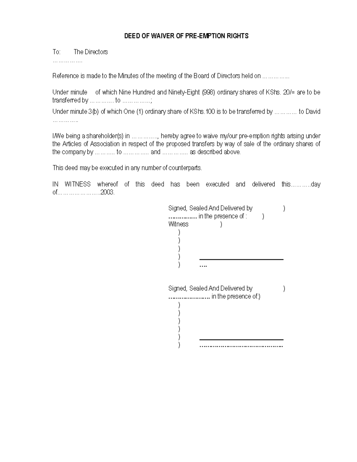 Company Waiver of Pre emption Rights - Company Law - Studocu