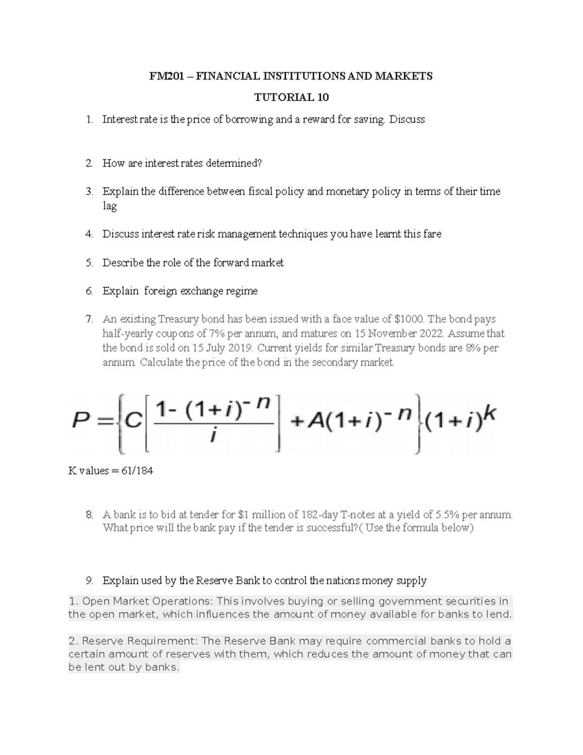 FM201 TUT 10 - Tutorial question - Management Finance - USP - Studocu