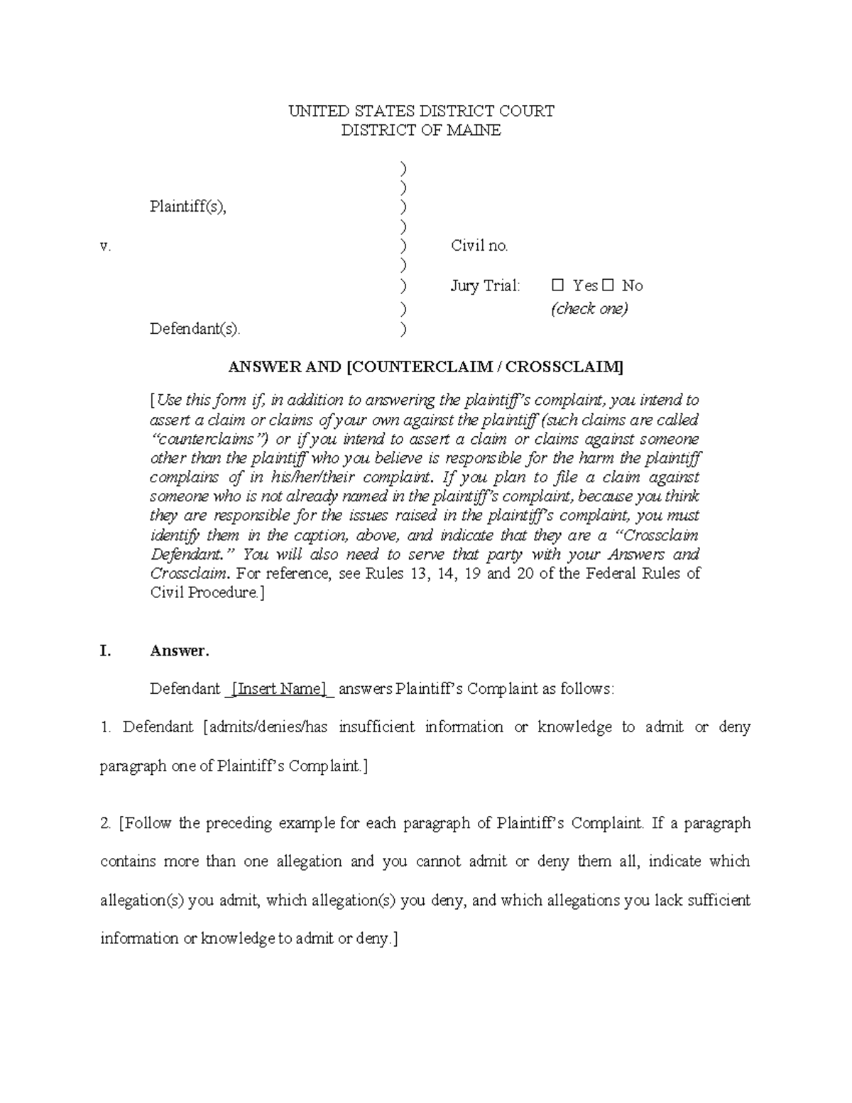 Answer with Counterclaim or Crossclaim - UNITED STATES DISTRICT COURT ...