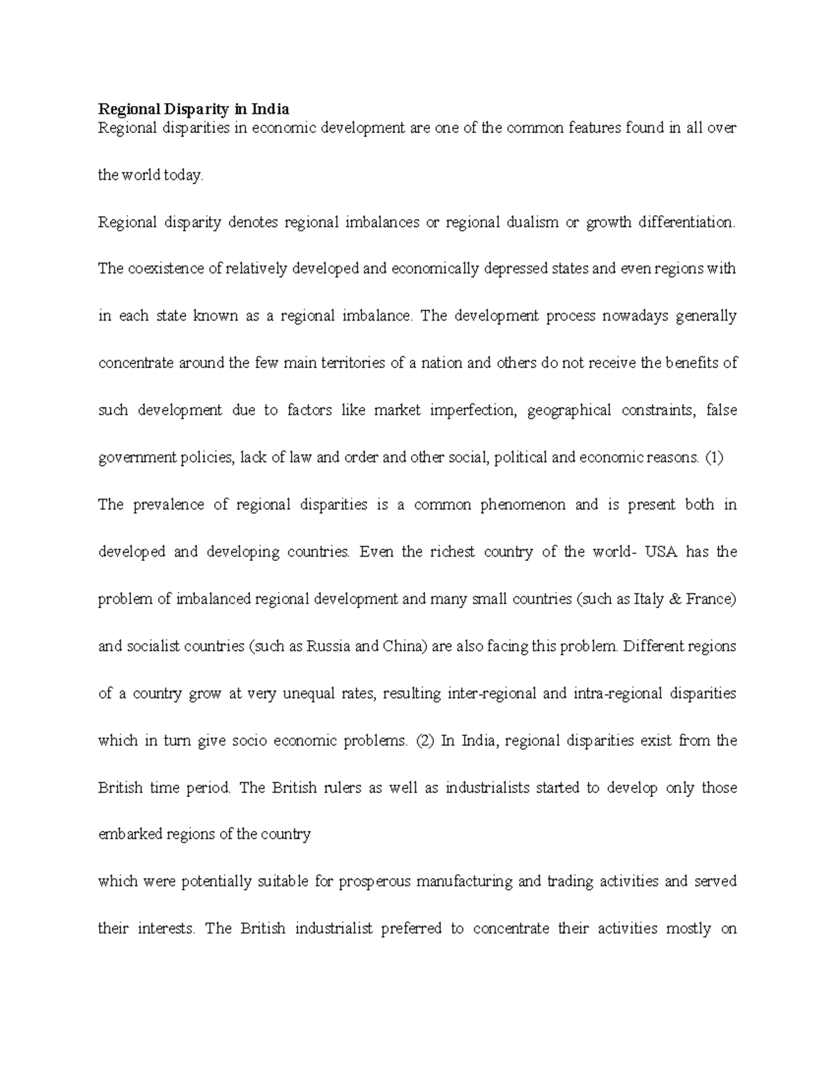 Geography - Regional Disparity in India Regional disparities in ...