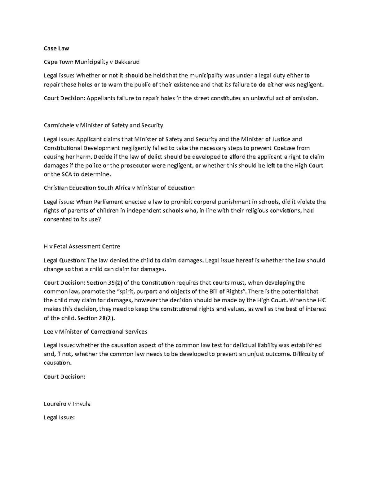 Law of Delict - case law - Lecture notes Case law - Case Law Cape Town ...