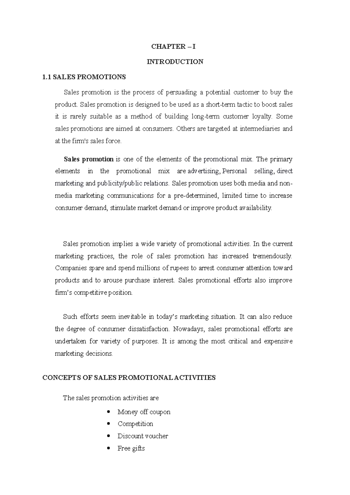 Saran MBA review 1 - CHAPTER – I INTRODUCTION 1 SALES PROMOTIONS Sales ...