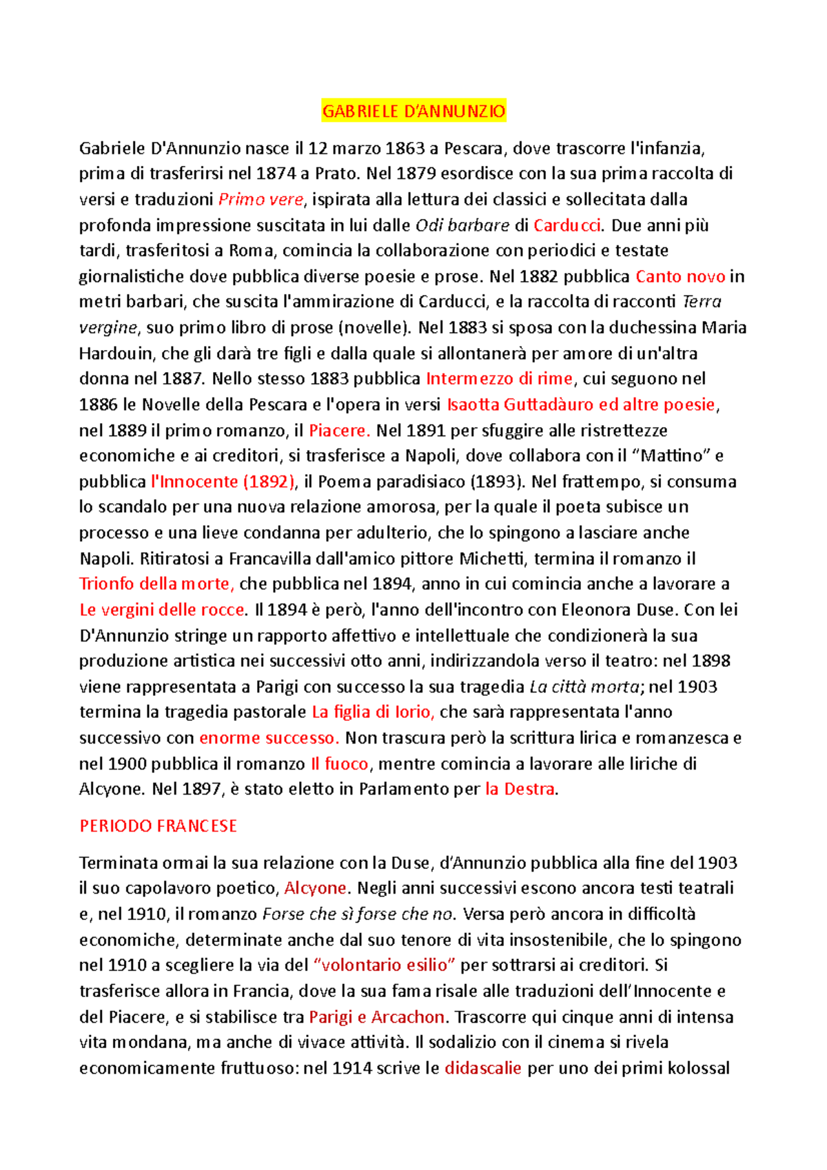 D' Annunzio E Svevo - Appunti italiano - GABRIELE D’ANNUNZIO Gabriele D'Annunzio nasce il 12 ...