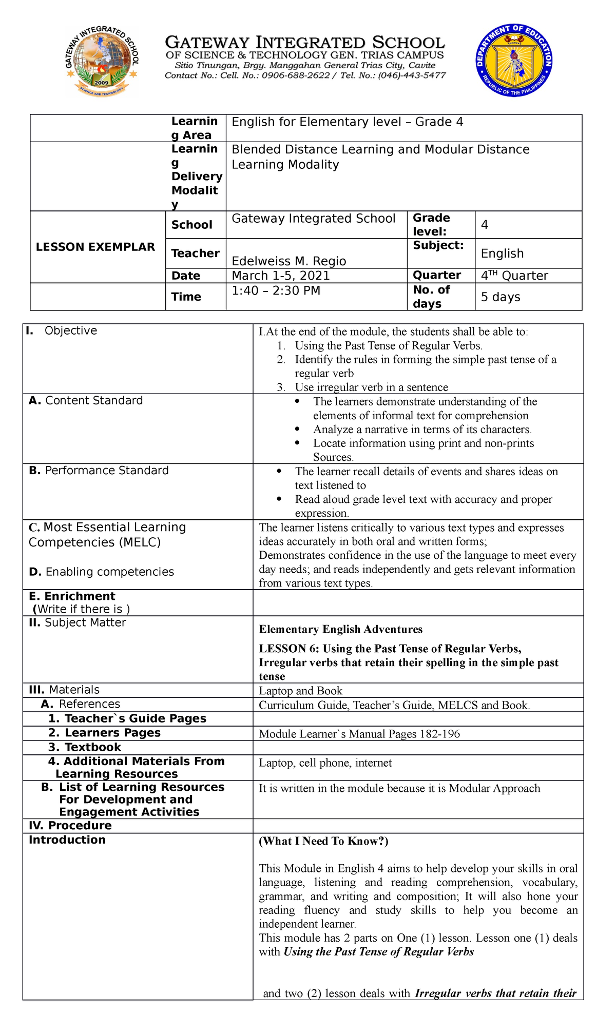 Exemplar Quarter 2 - Grade: 8 for lesson 10 - Learnin g Area English ...