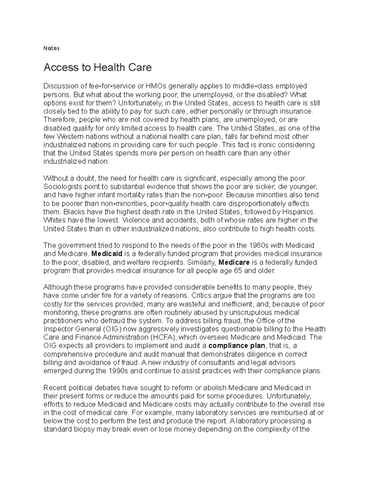 Document 61 - social - Notes Access to Health Care Discussion of fee ...